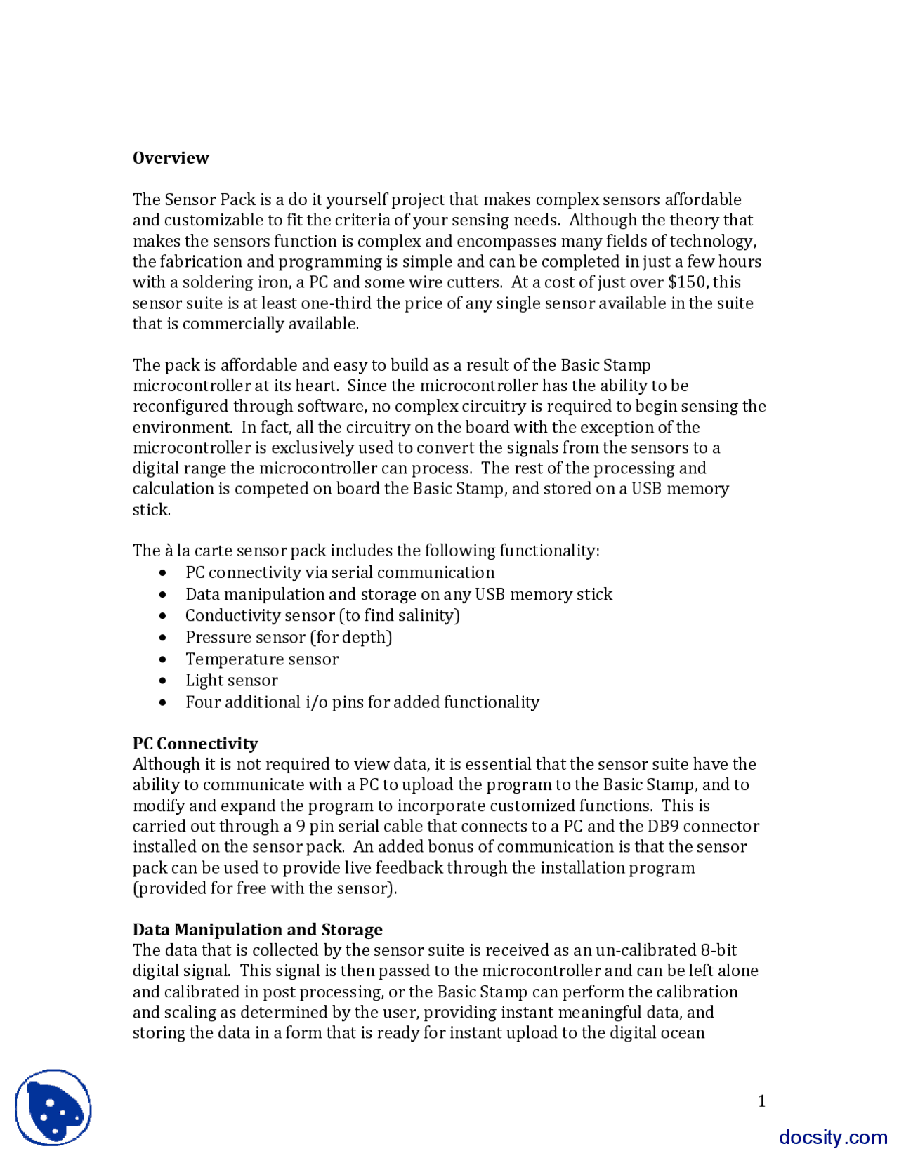 Sensor Pack Project-Fundamentals of Design-Lab Handout - Docsity