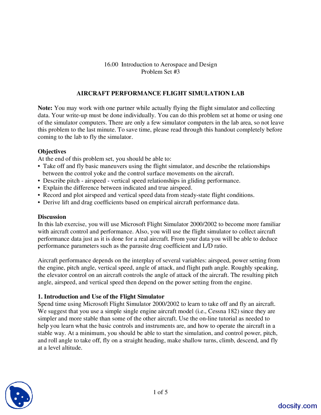 Use Of The Flight Simulator Introduction To Aerospace Engineering And