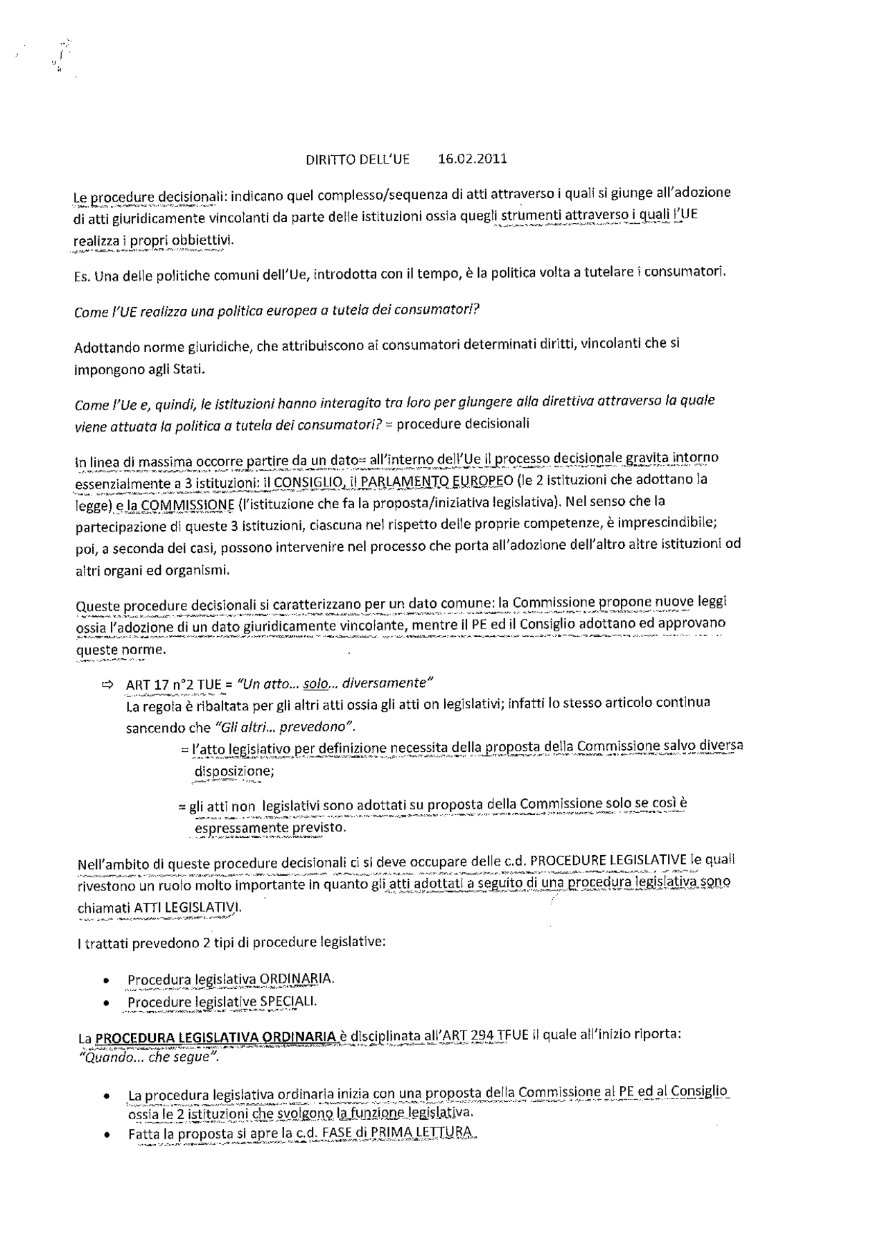 Procedure decisionali - Diritto dell'Unione Europea - Docsity