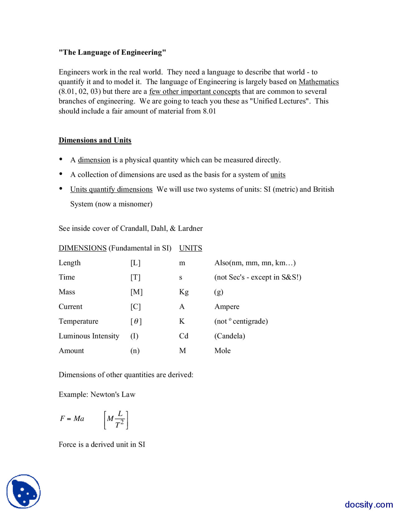 The Language of Engineering-Design Analysis And Aeronautical Engineering-Lab Handout - Docsity
