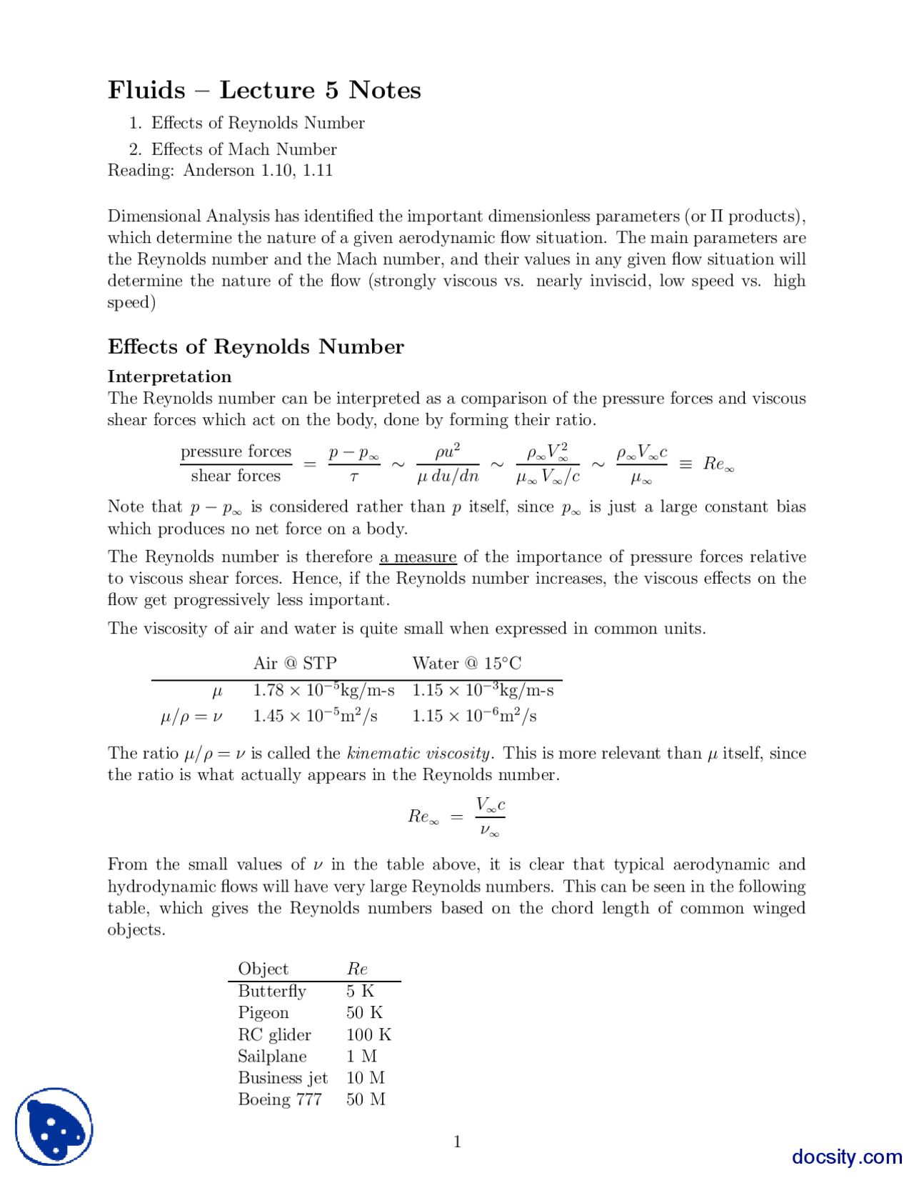 Eﬀects of Reynolds Number-Fluid Mechanics-Lecture Notes - Docsity