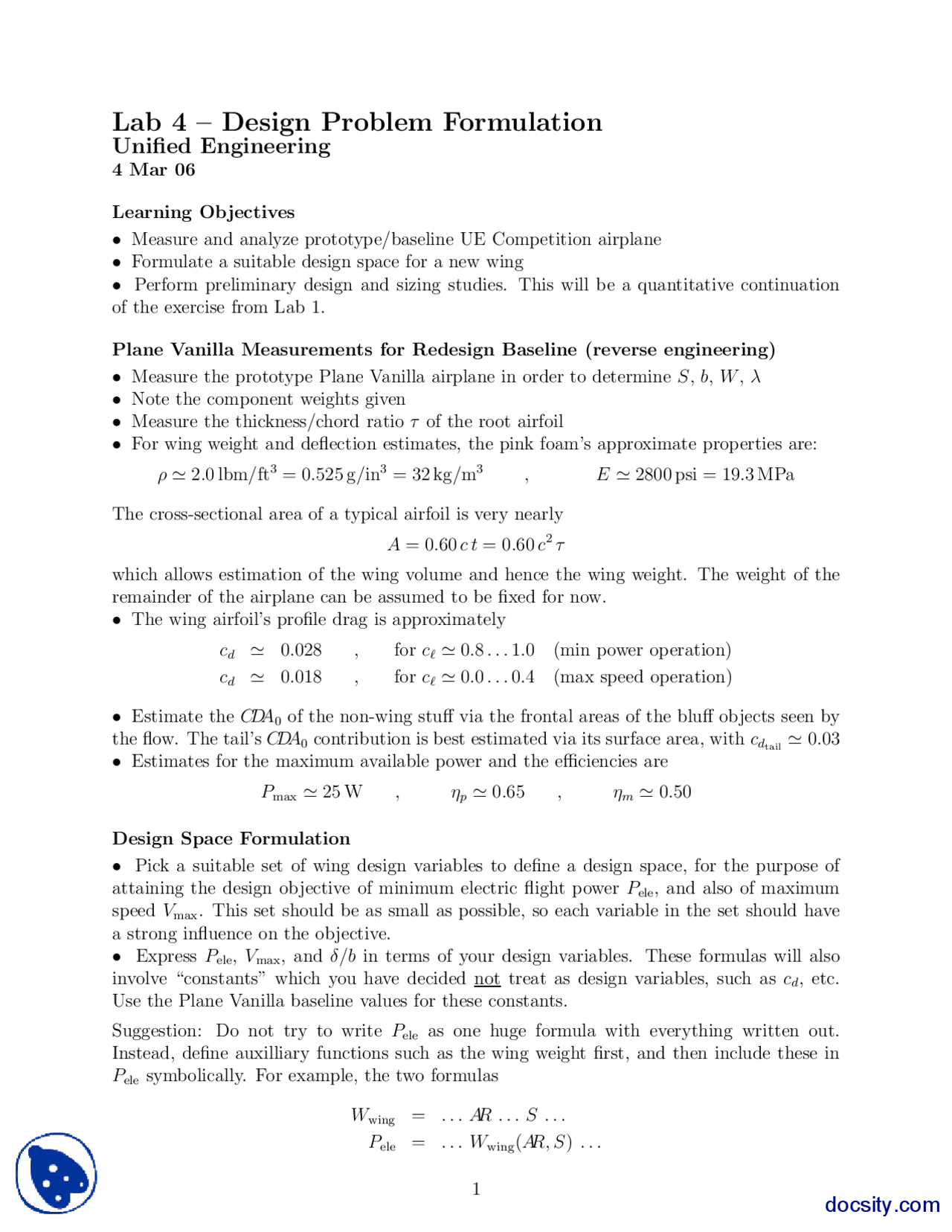 Lab 4 - Design Problem Formulation: UE Competition Airplane Analysis ...
