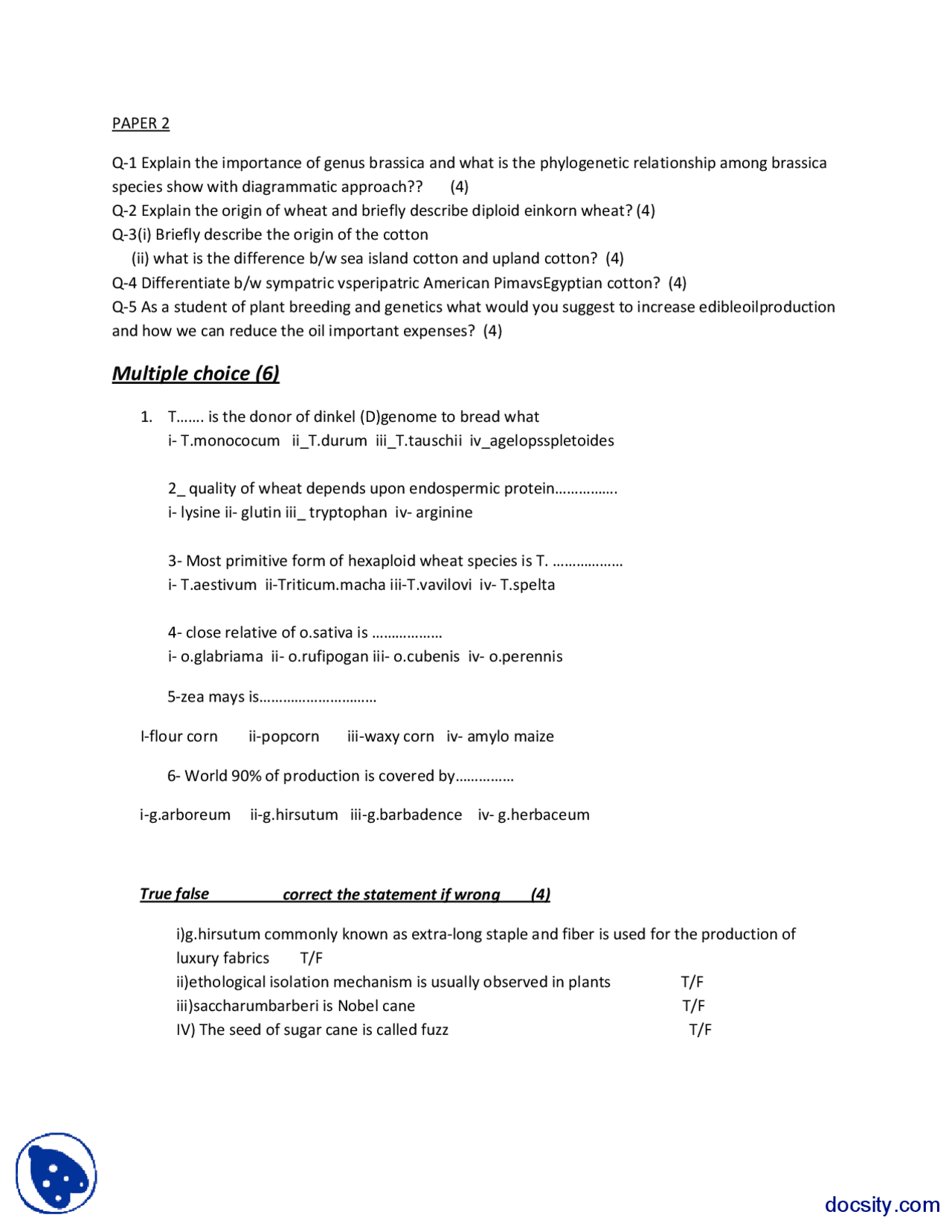 Plant Breeding & Genetics Exam: Brassica, Wheat Origins, Cotton ...