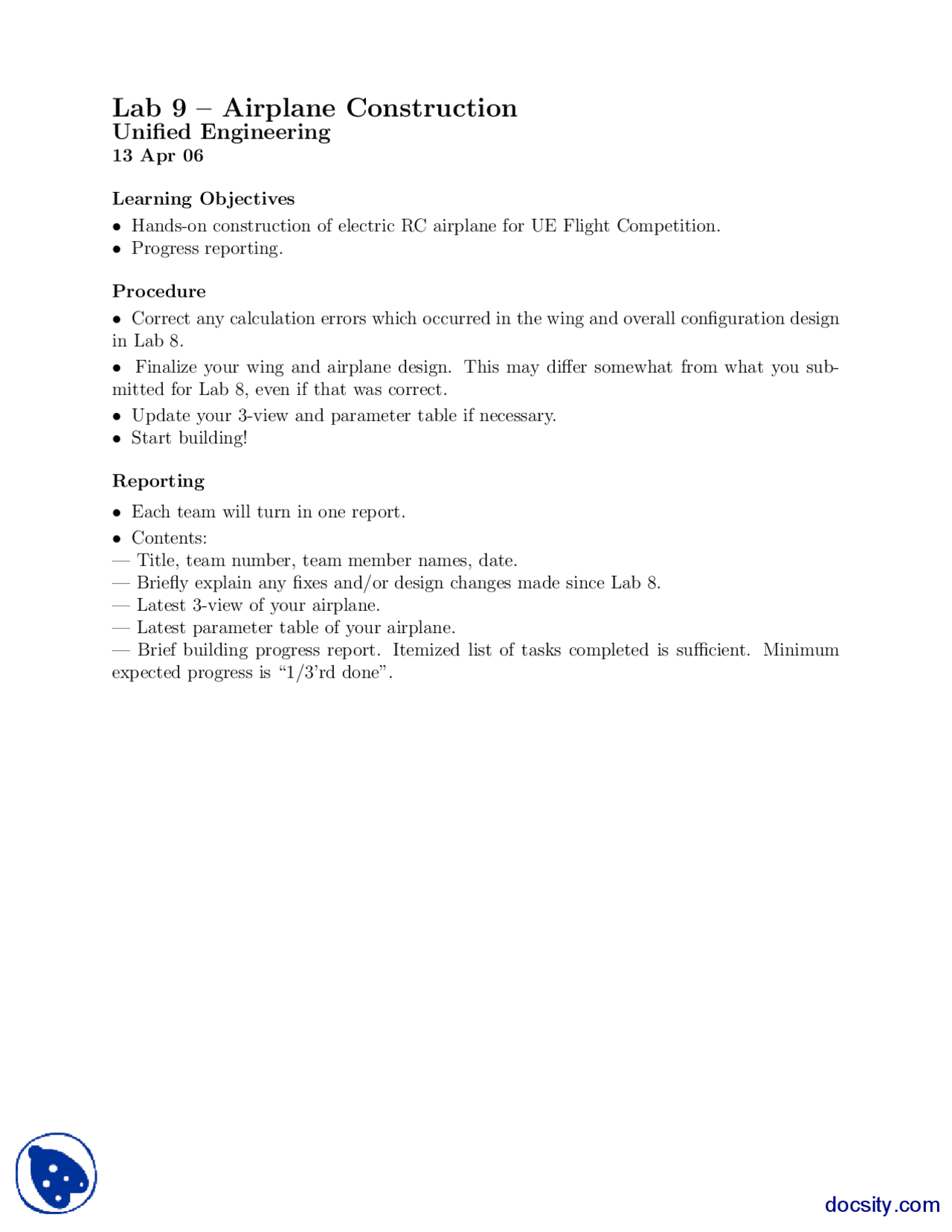 Lab 9 Airplane Construction Design Analysis And Aeronautical