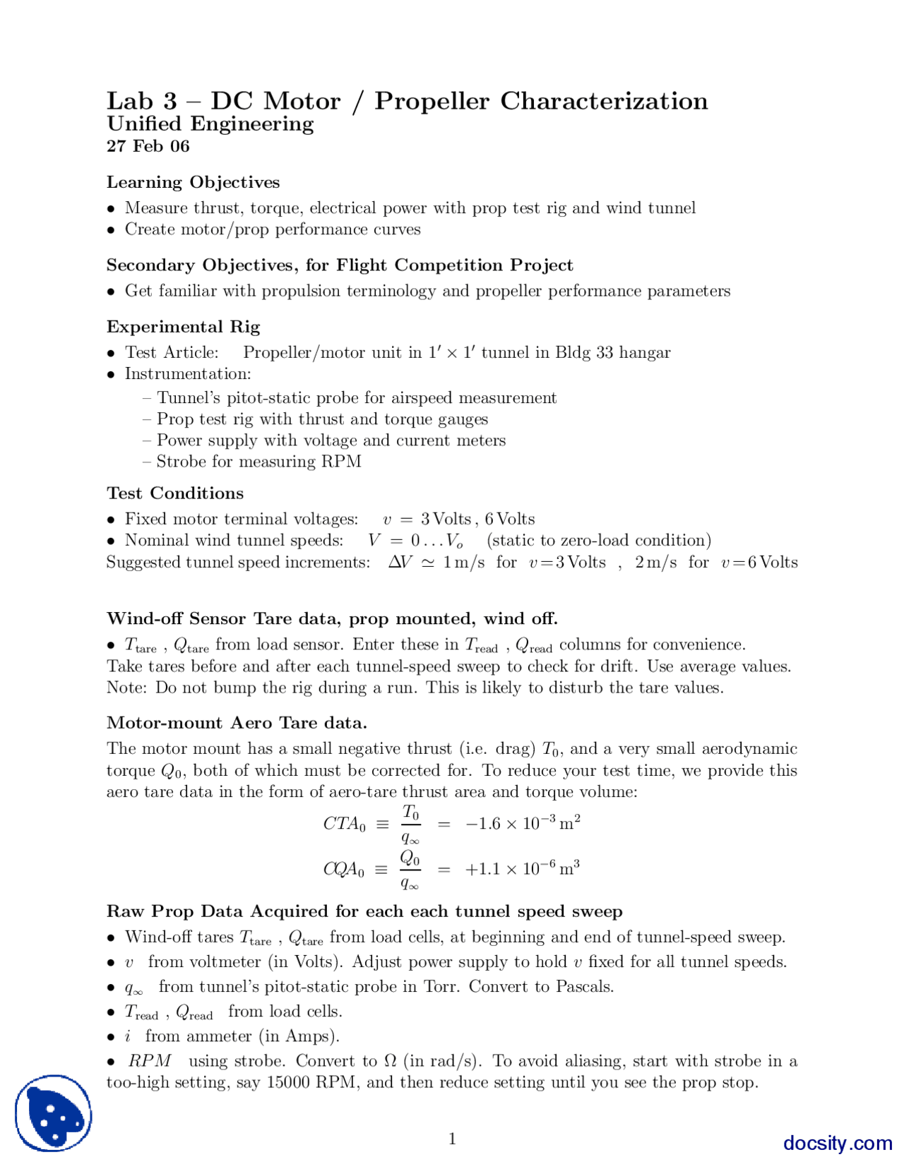 Lab 3 Dc Motor Propeller Characterization Design Analysis And