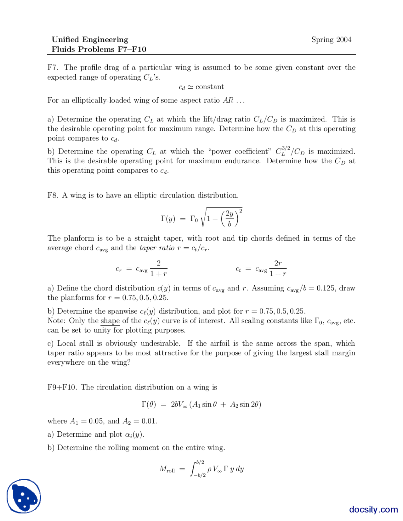 Fluids Problems Part 3 Advanced Unified Engineering Assignment Docsity