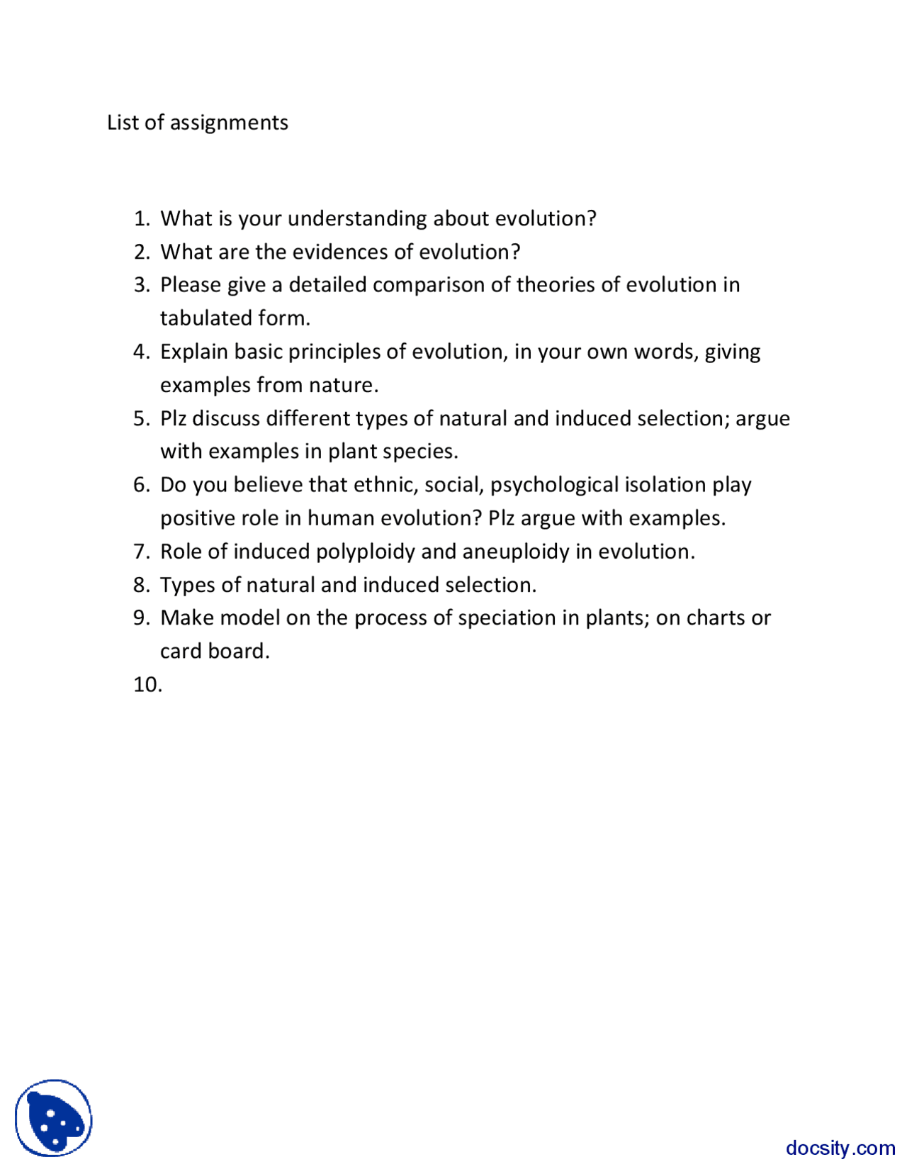 List Of Assignments Evolution Handout Docsity