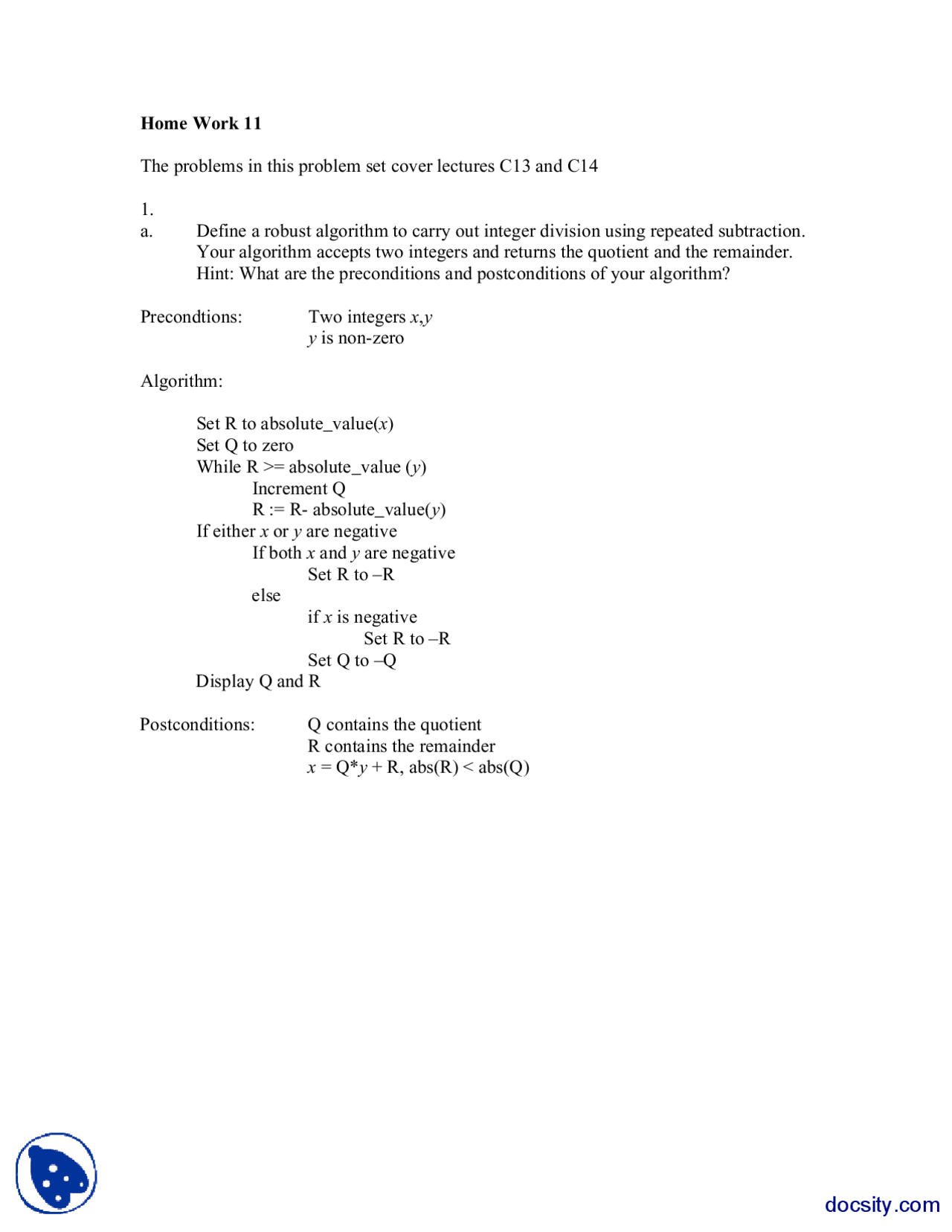 Robust Algorithm Advanced Unified Engineering Assignment Solution Docsity