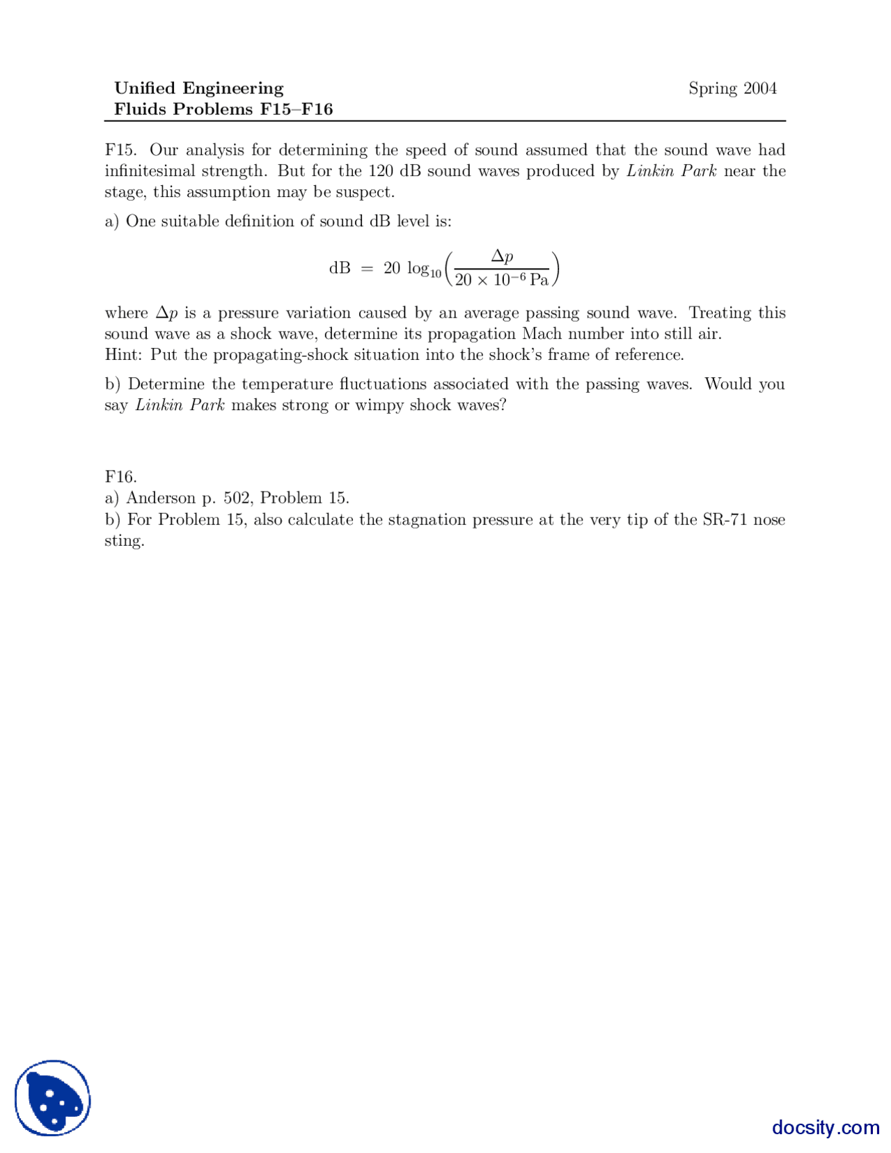 Fluids Problems Part 5 Advanced Unified Engineering Assignment Docsity