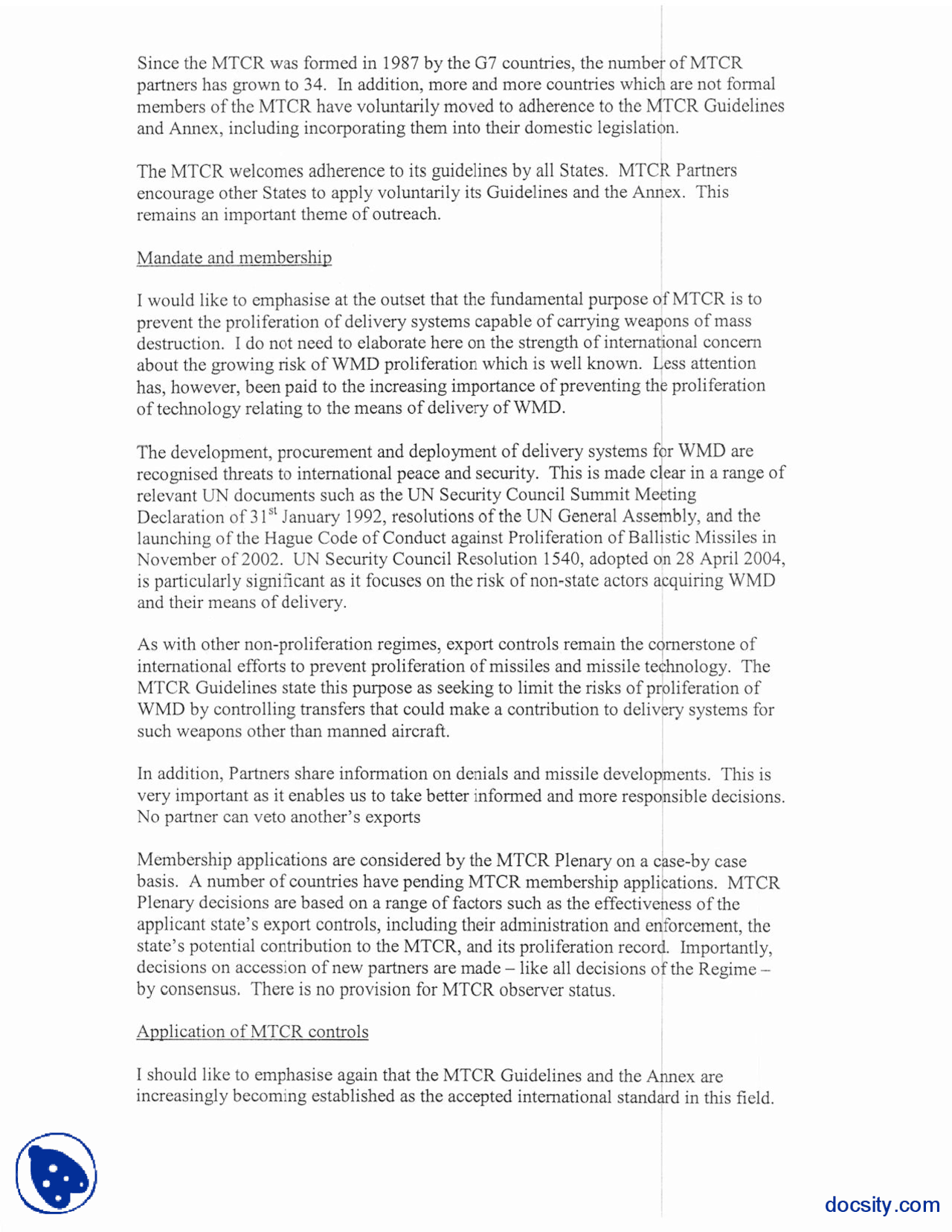 Application of MTCR Controls-Ballistic Missile-Handout | Exercises ...