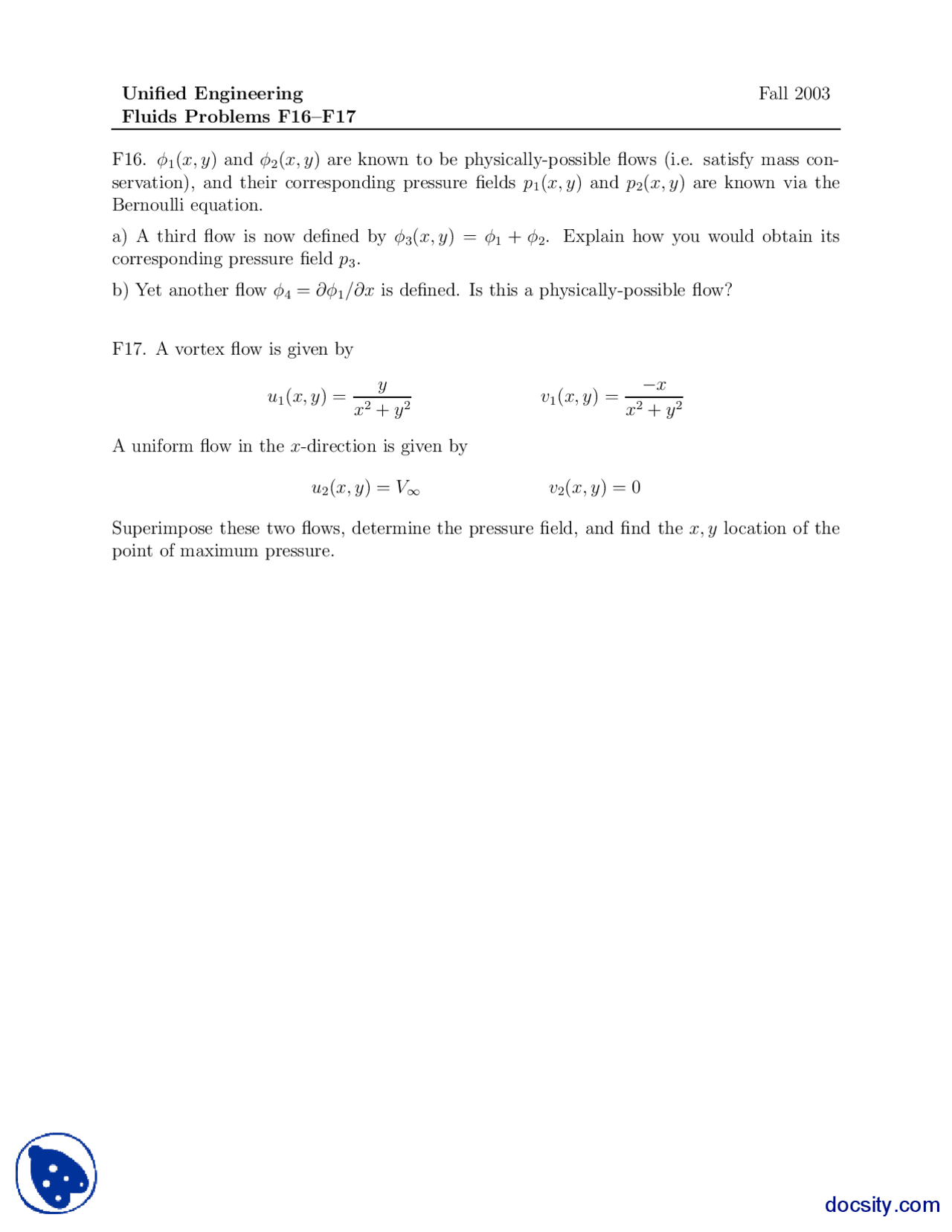 Fluid Flow Problem Advanced Unified Engineering Assignment Docsity