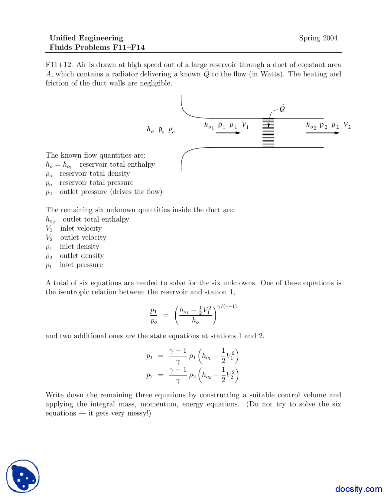 Fluids Problems Part 4 Advanced Unified Engineering Assignment Docsity