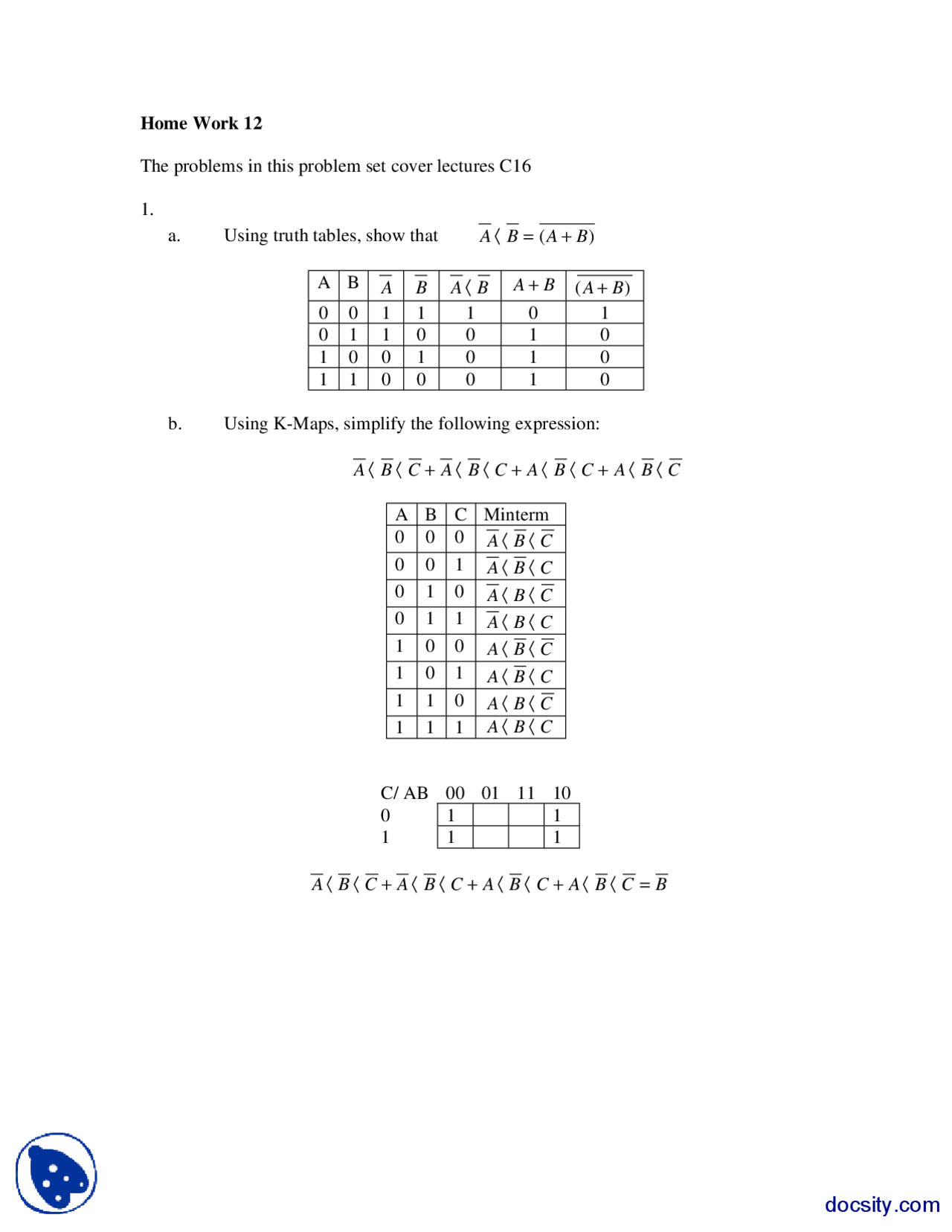 Simplifying Using K Maps Unified Engineering Assignment Solution Docsity