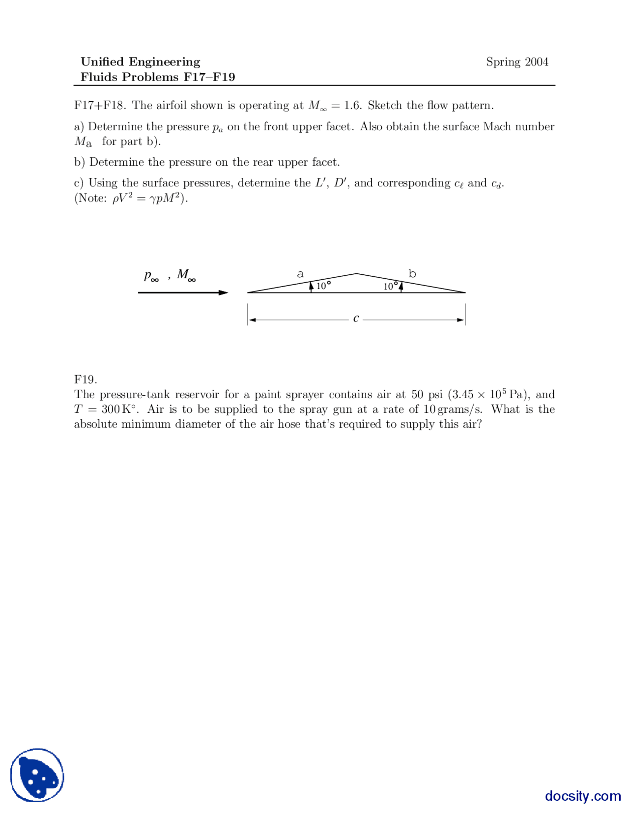 Fluids Problems Part 7 Advanced Unified Engineering Assignment Docsity