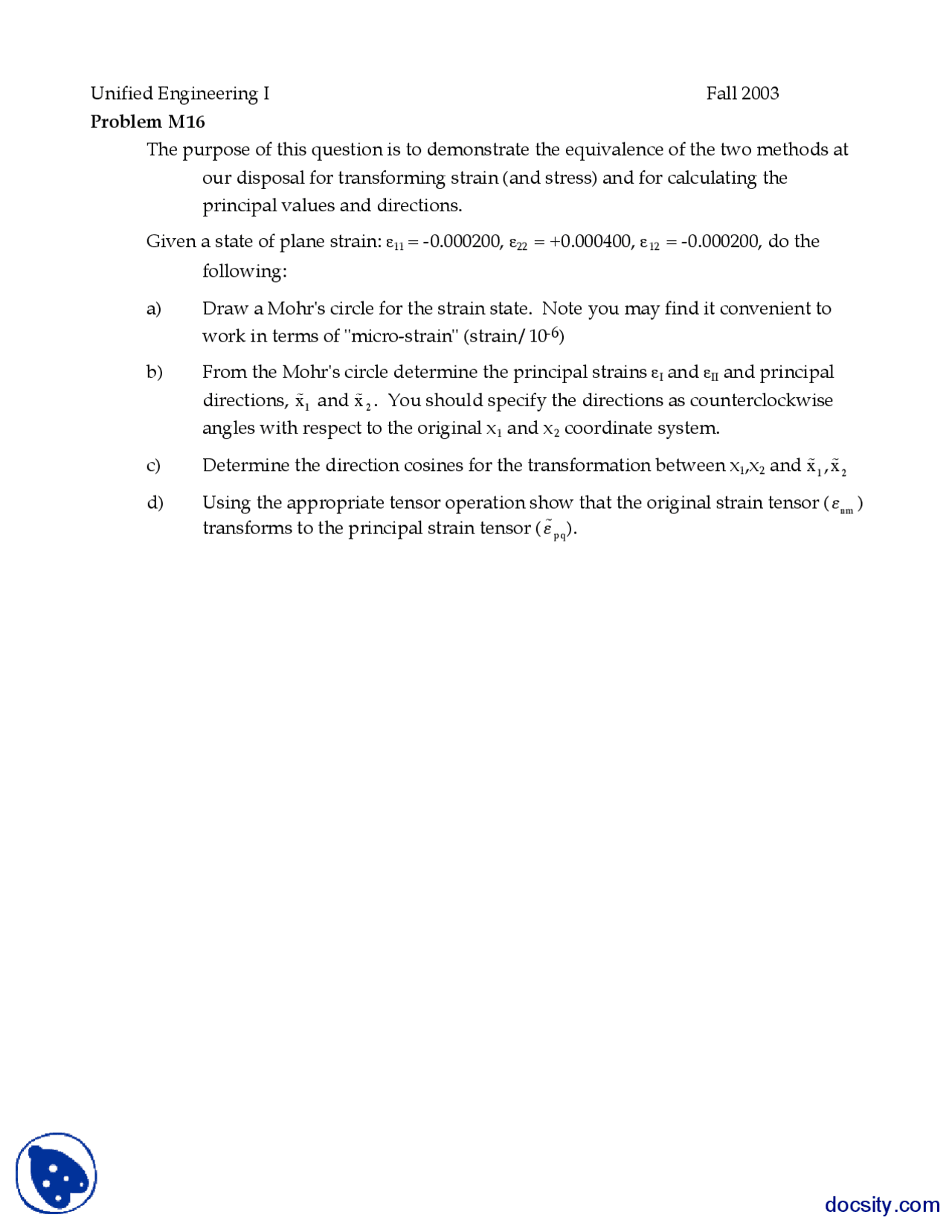 Mohrs Circle And Micro Strain Basic Unified Engineering Assignment