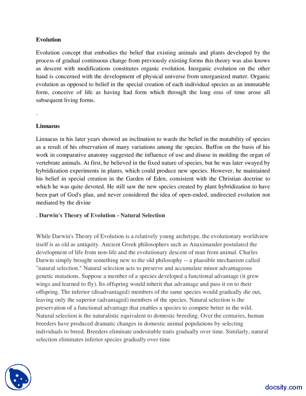 Theories of Evolution-Evolution-Handout - Docsity