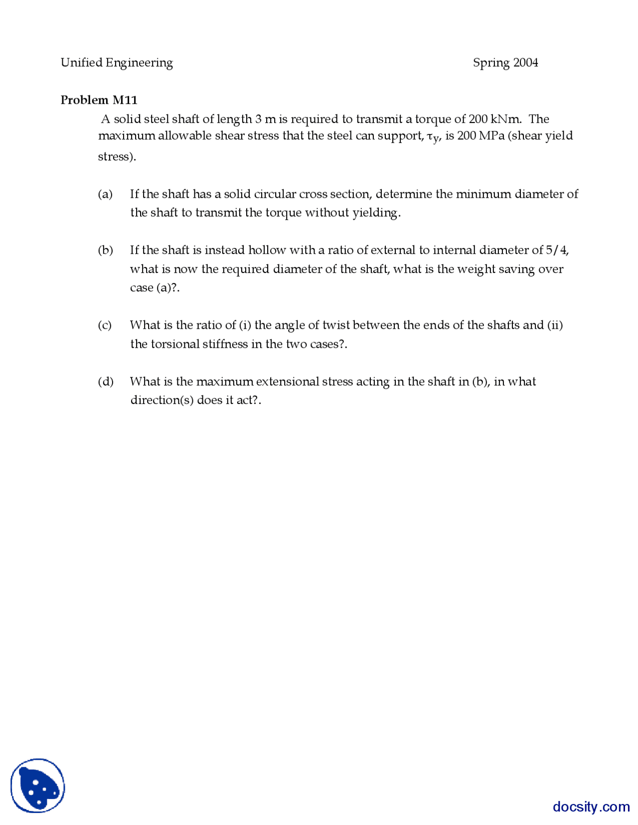 Transmission Of Torque Part 1 Unified Engineering Assignment Docsity