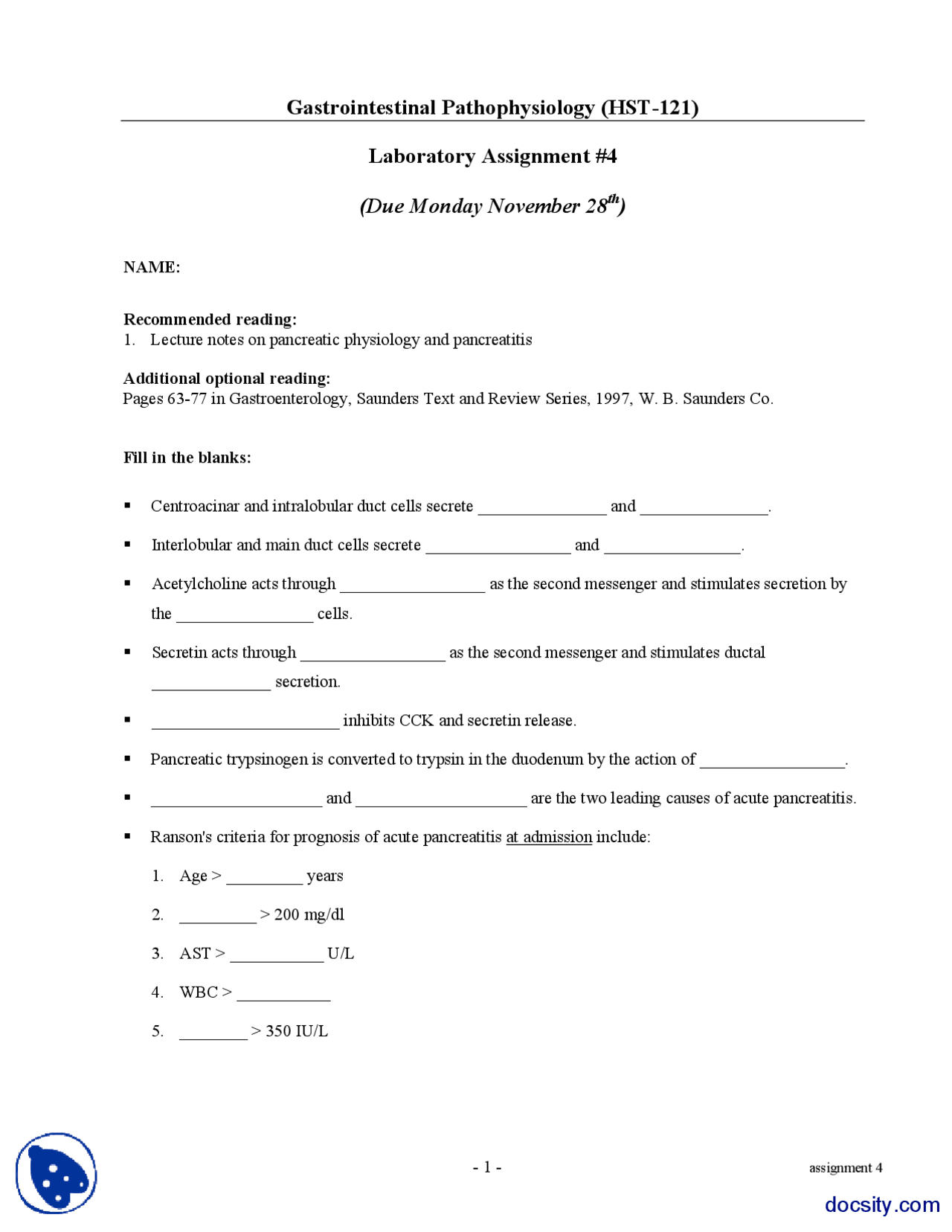 Gastrointestinal Pathophysiology 4 Pathophysiology Lab Assignment Docsity