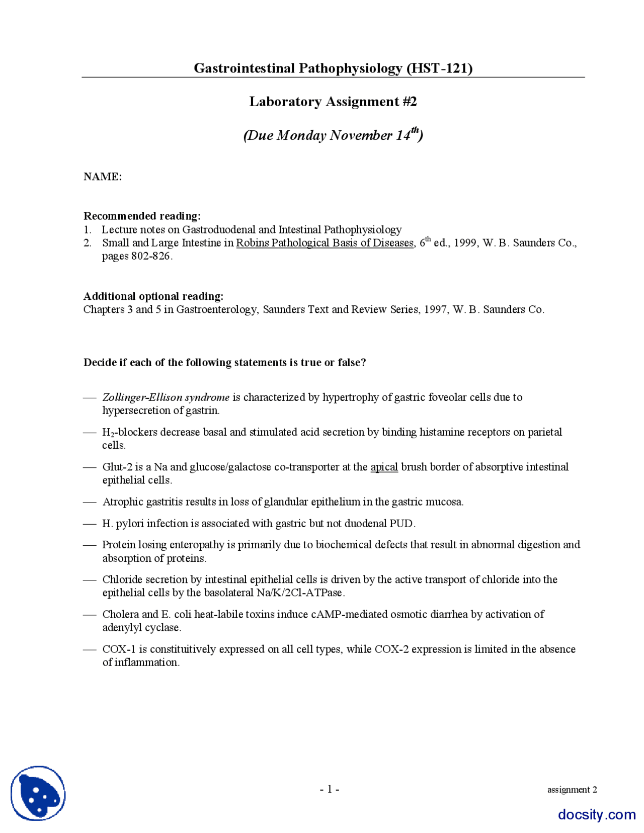Gastrointestinal Pathophysiology 2 Pathophysiology Lab Assignment Docsity