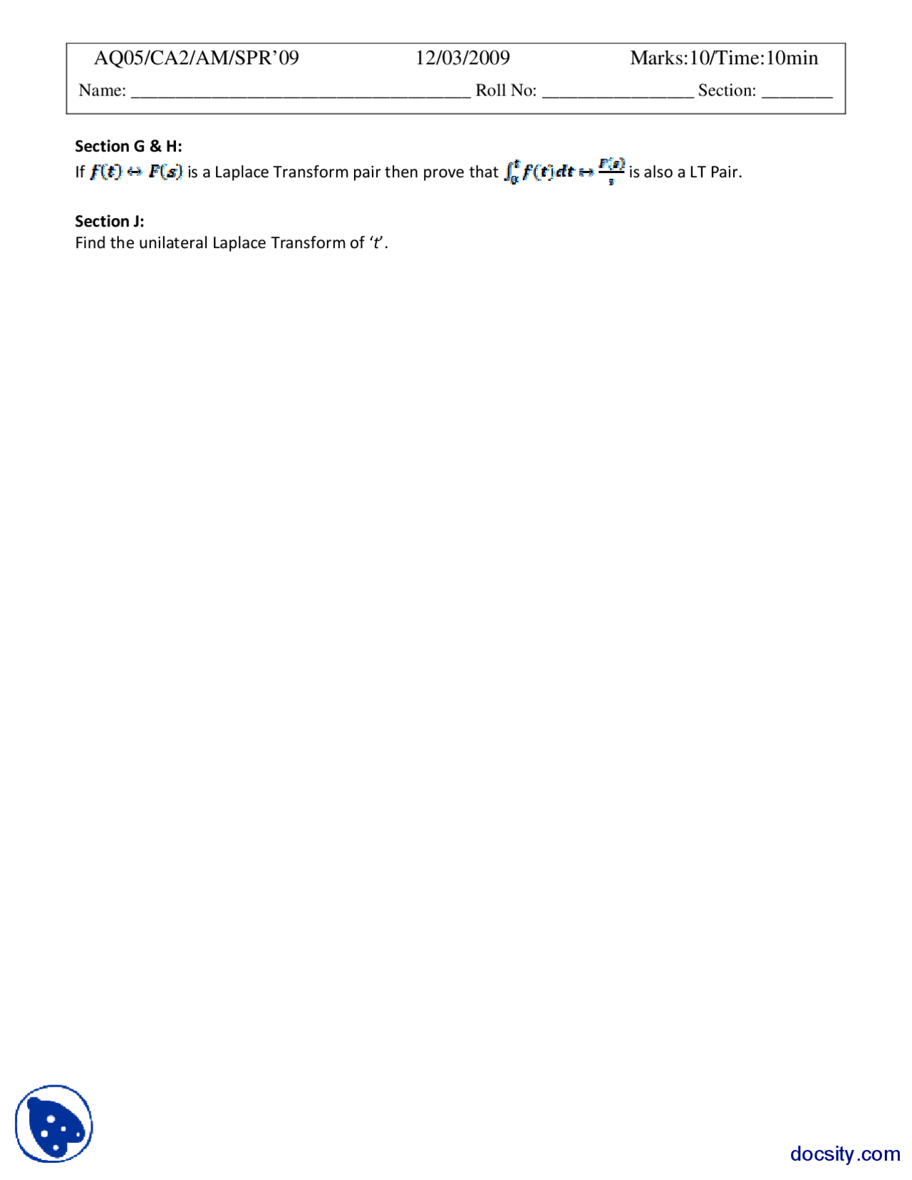 Laplace Transform Electrical Circuit And Network Analysis Quiz Docsity