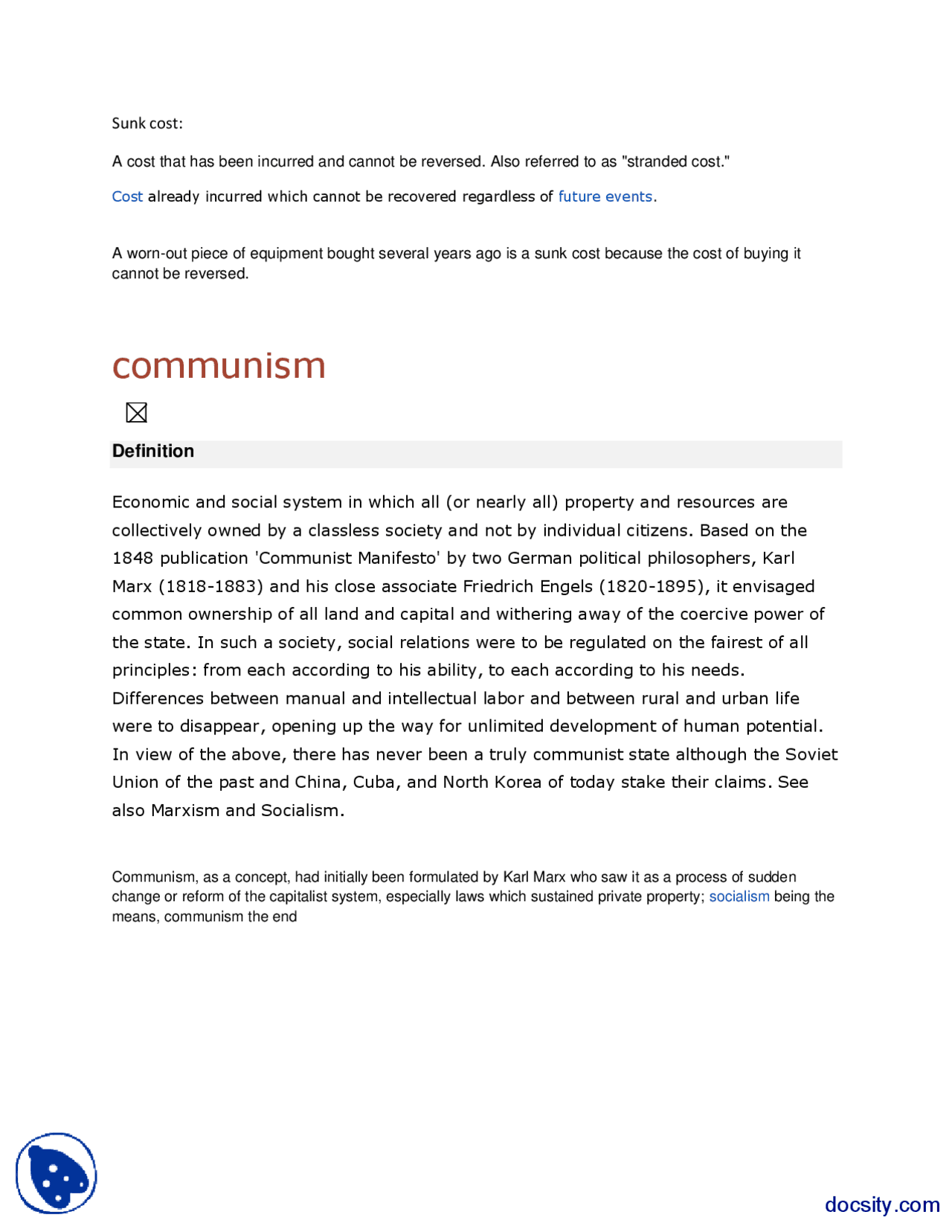 Communism Engineering Economy Assignment Docsity