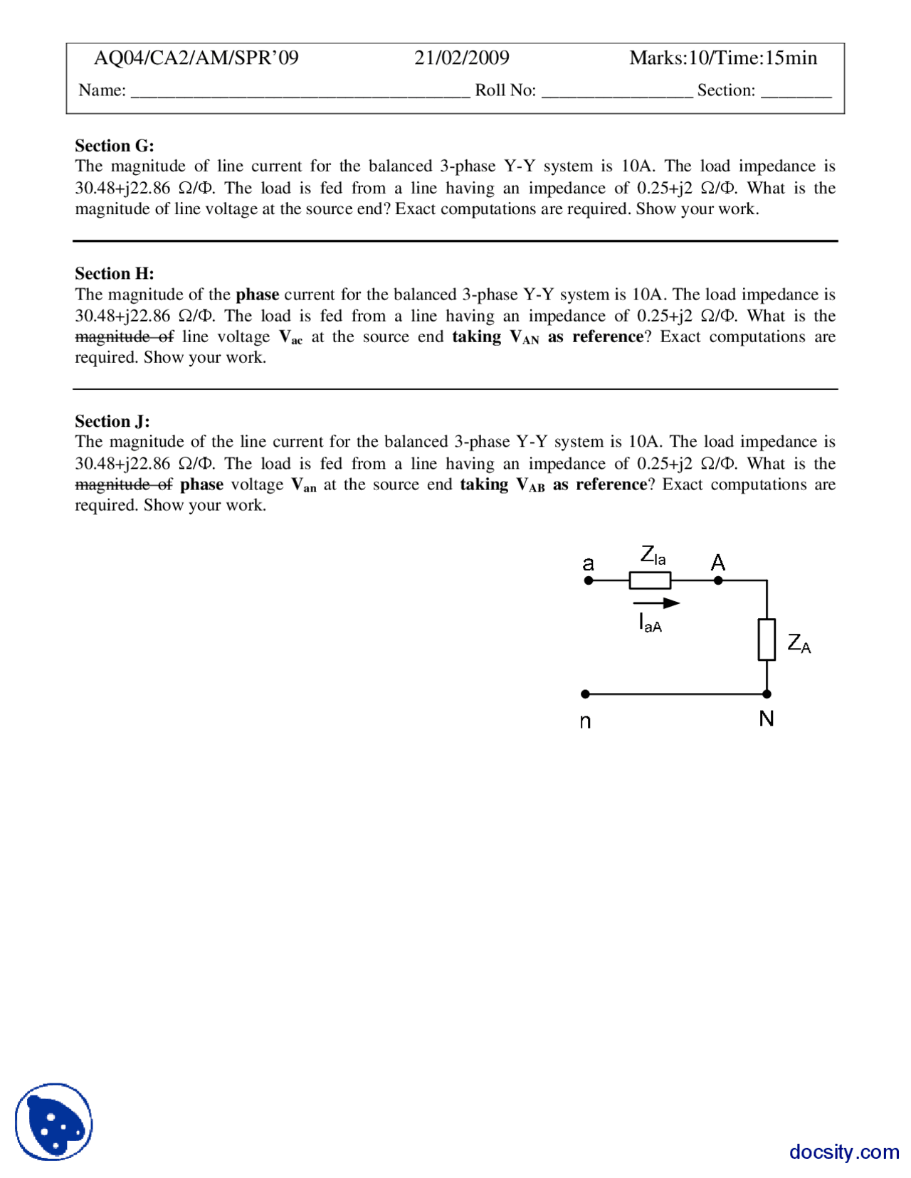 Balanced 3 Phase System-Electrical Circuit And Network Analysis-Quiz - Docsity