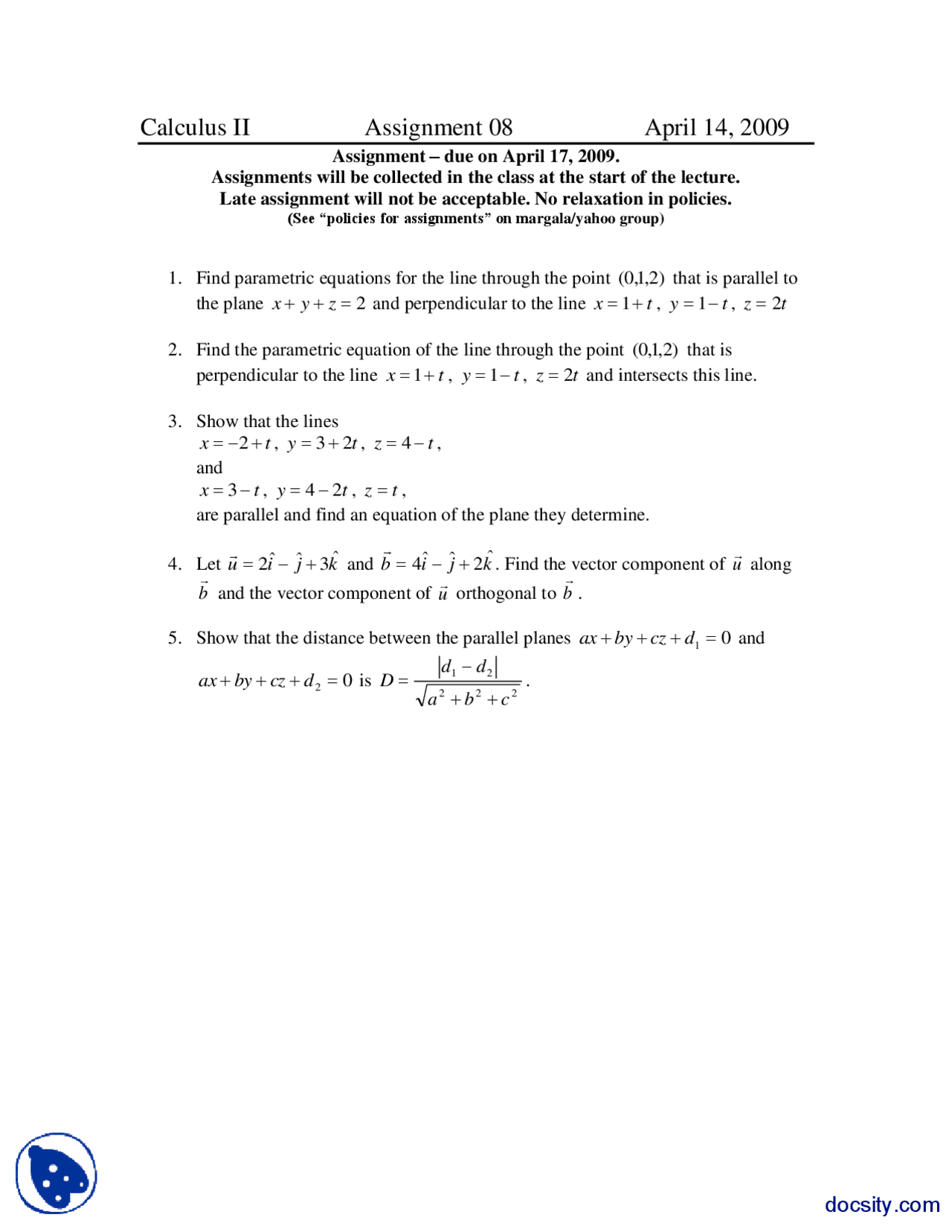 Parametric Equations Calculus For Engineers Assignment Docsity