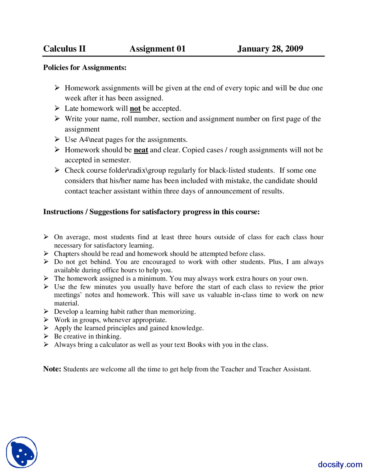 Calculus II Assignment 01: Instructions and Policies | Exercises Calculus for Engineers | Docsity