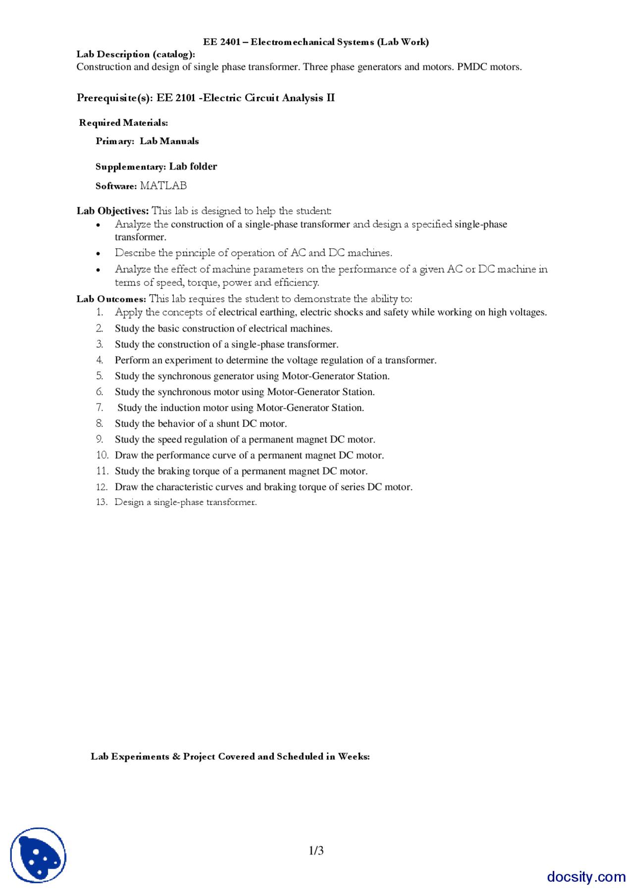 Electromechanical Systems-Power Electronics-Lab Handout - Docsity