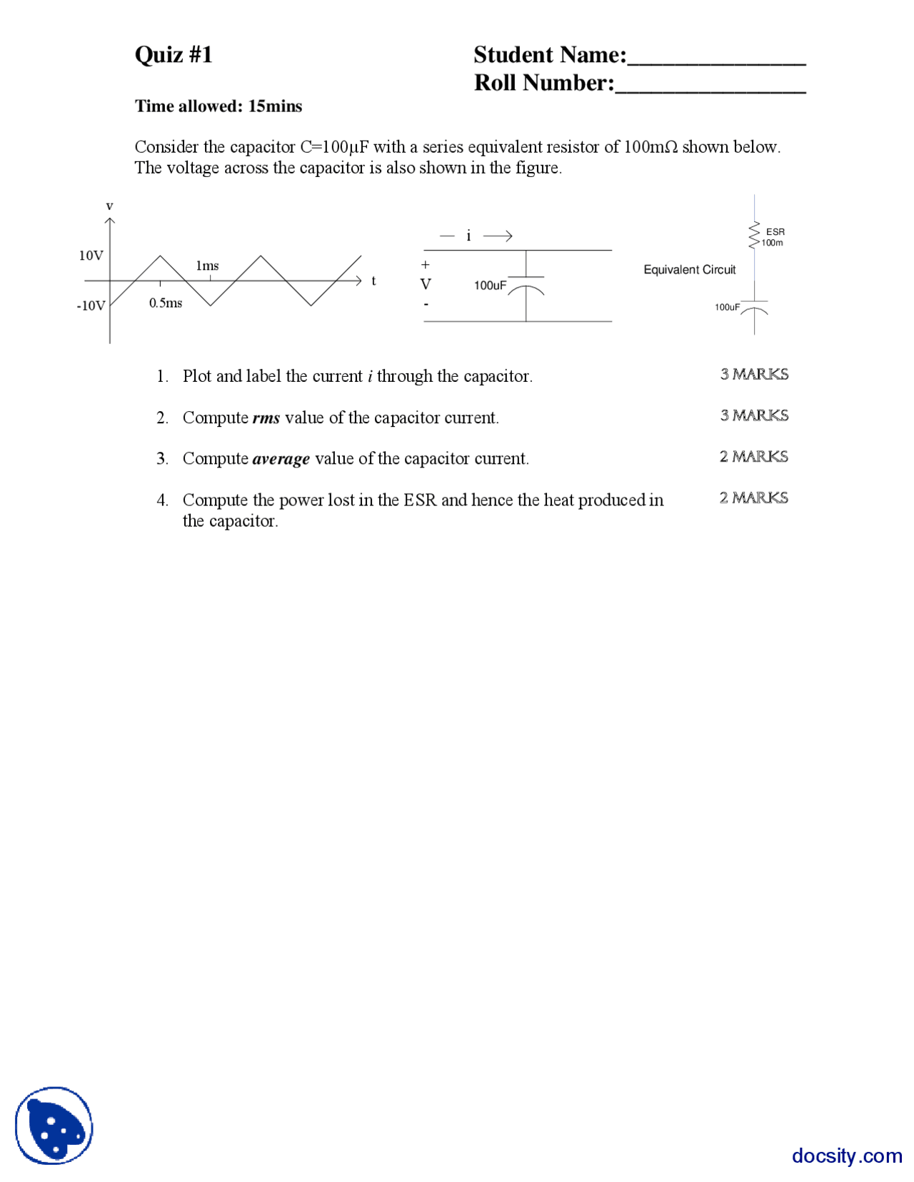 RMS Average Value of Waveforms-Power Electronics-Exam Paper - Docsity
