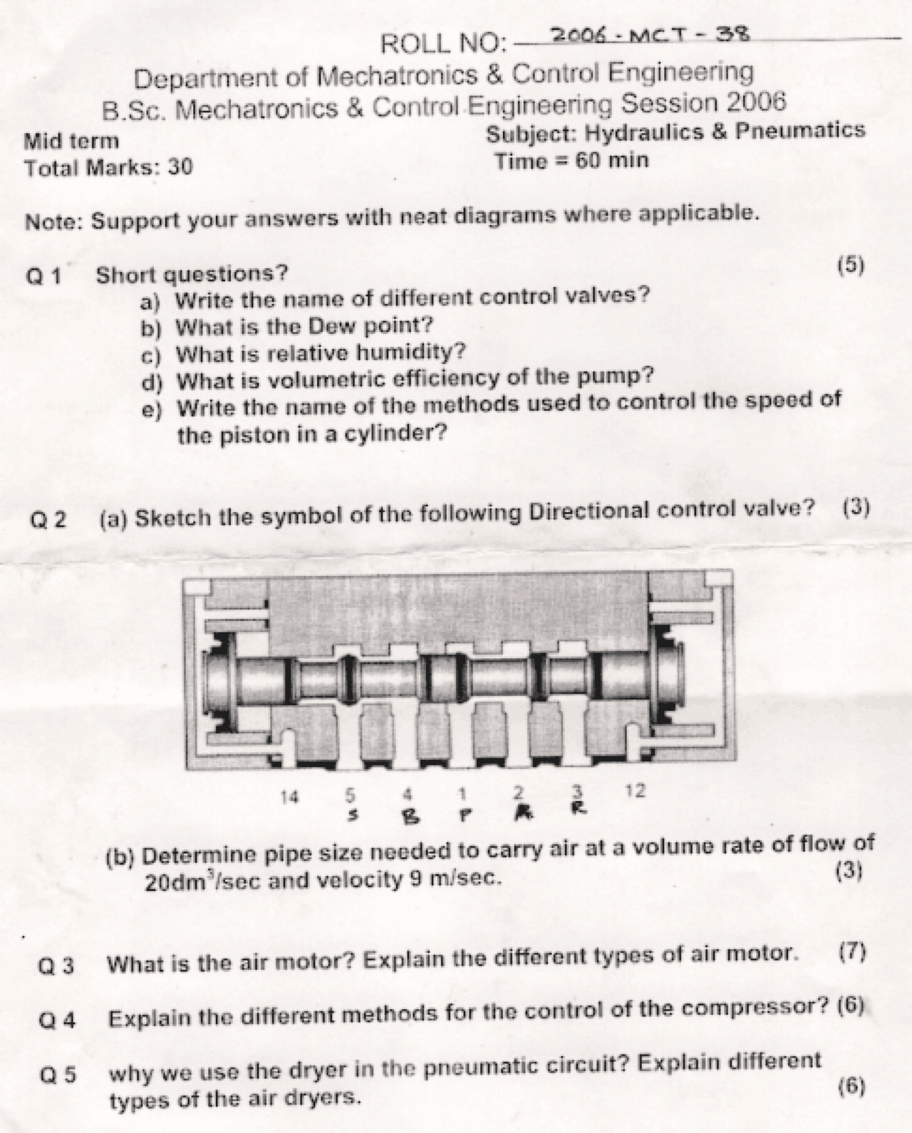 Hydraulics and Pneumatics-Hydraluics-Mid Term Exam Paper | Exams Pneumatics | Docsity