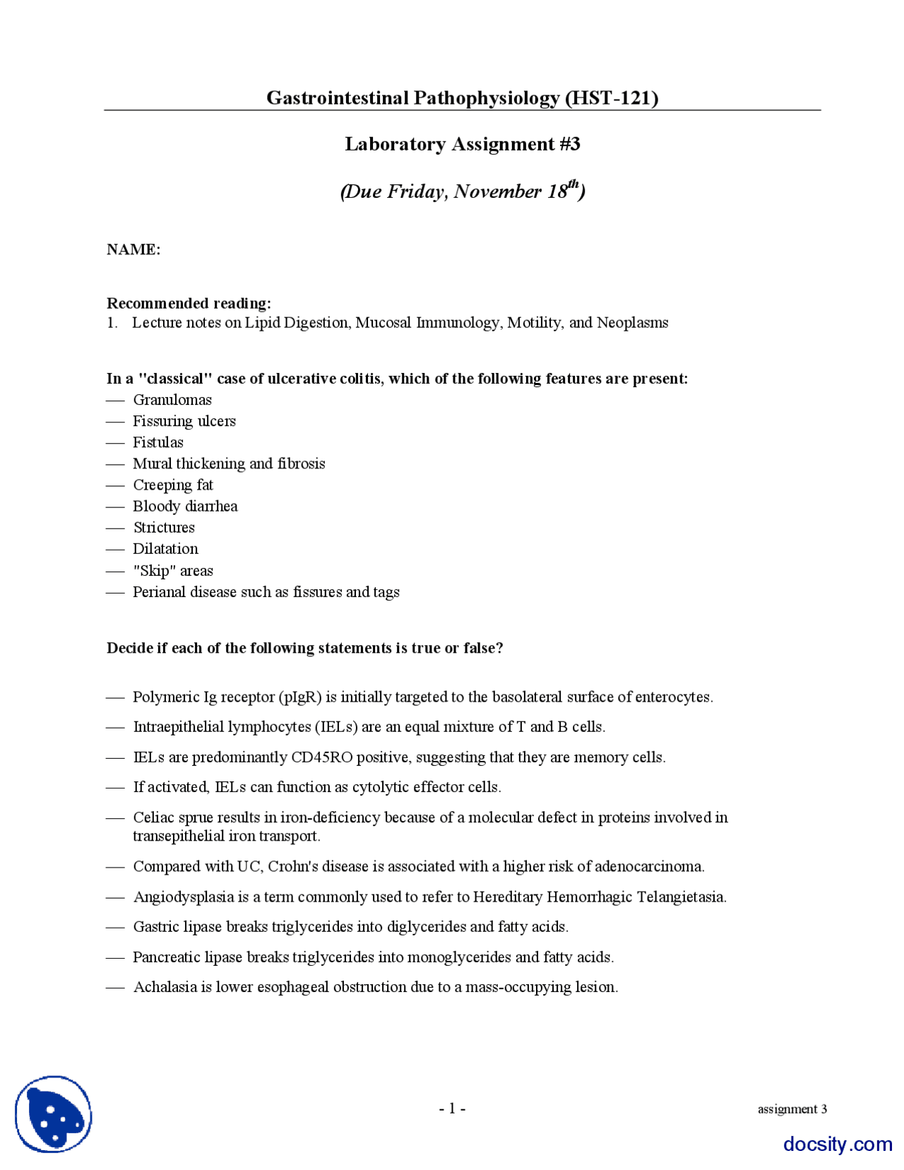 Gastrointestinal Pathophysiology 5 Pathophysiology Lab Assignment Docsity