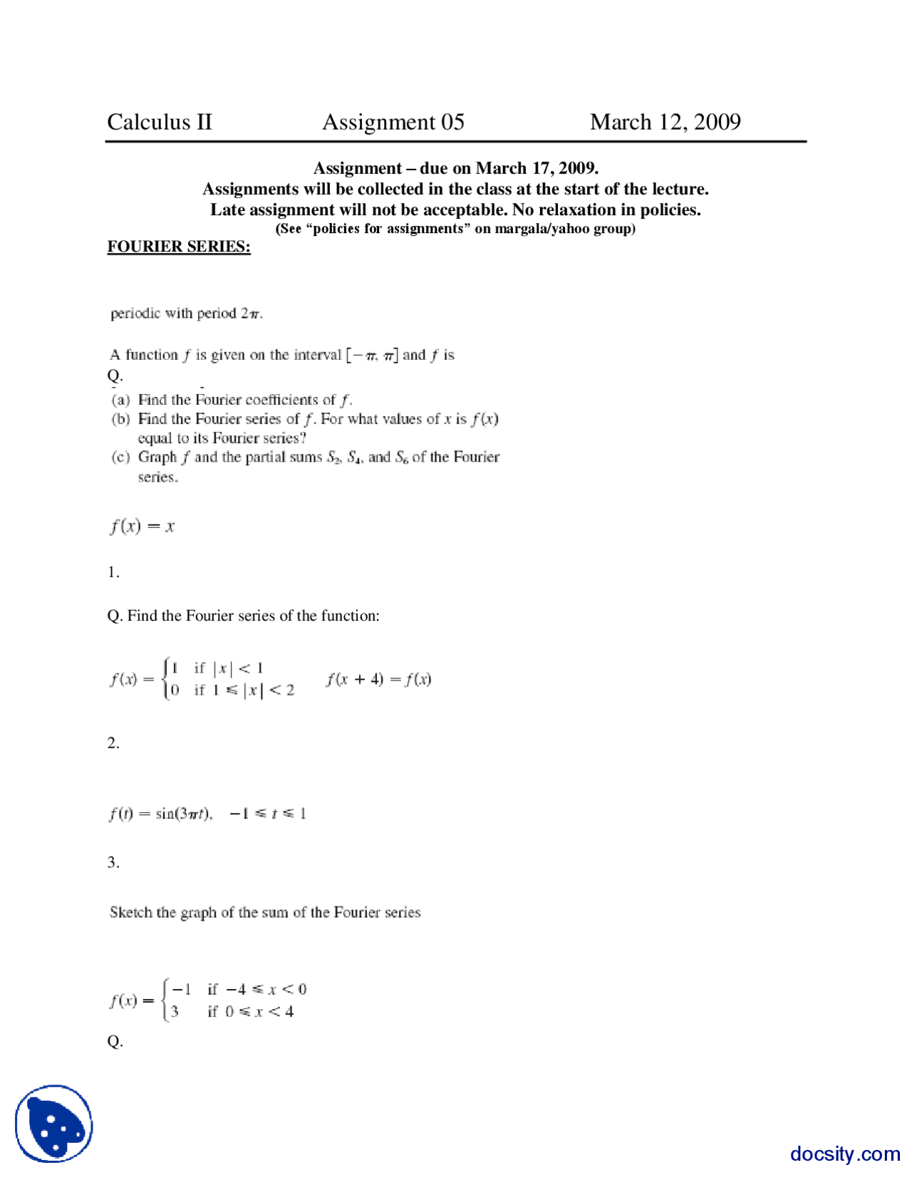 Fourier Series And Coefficients Calculus For Engineers Assignment Docsity