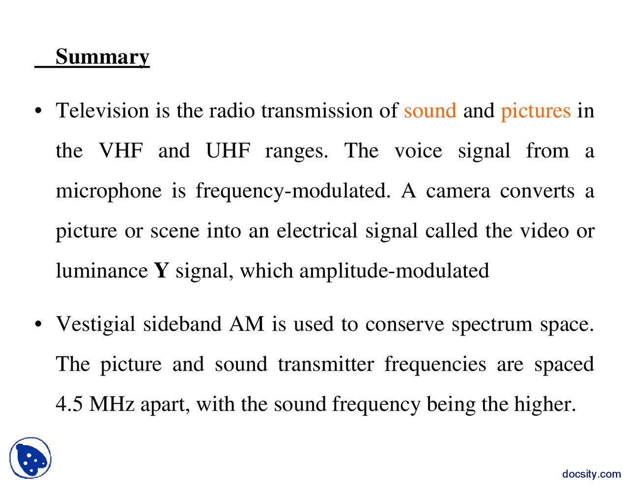 Summary-Analog Television In Communication Systems-Lecture Slides - Docsity