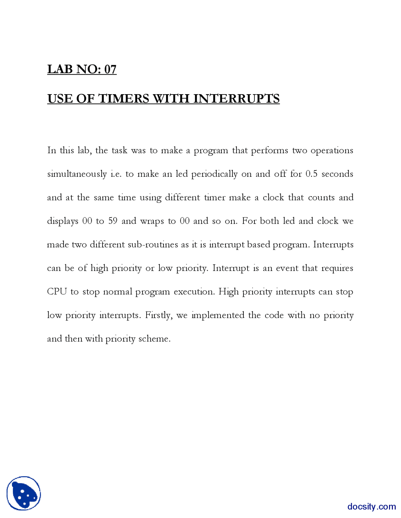 Use of Timers With Interrupts-Programming and Computer Logic Design-Lab Handout - Docsity