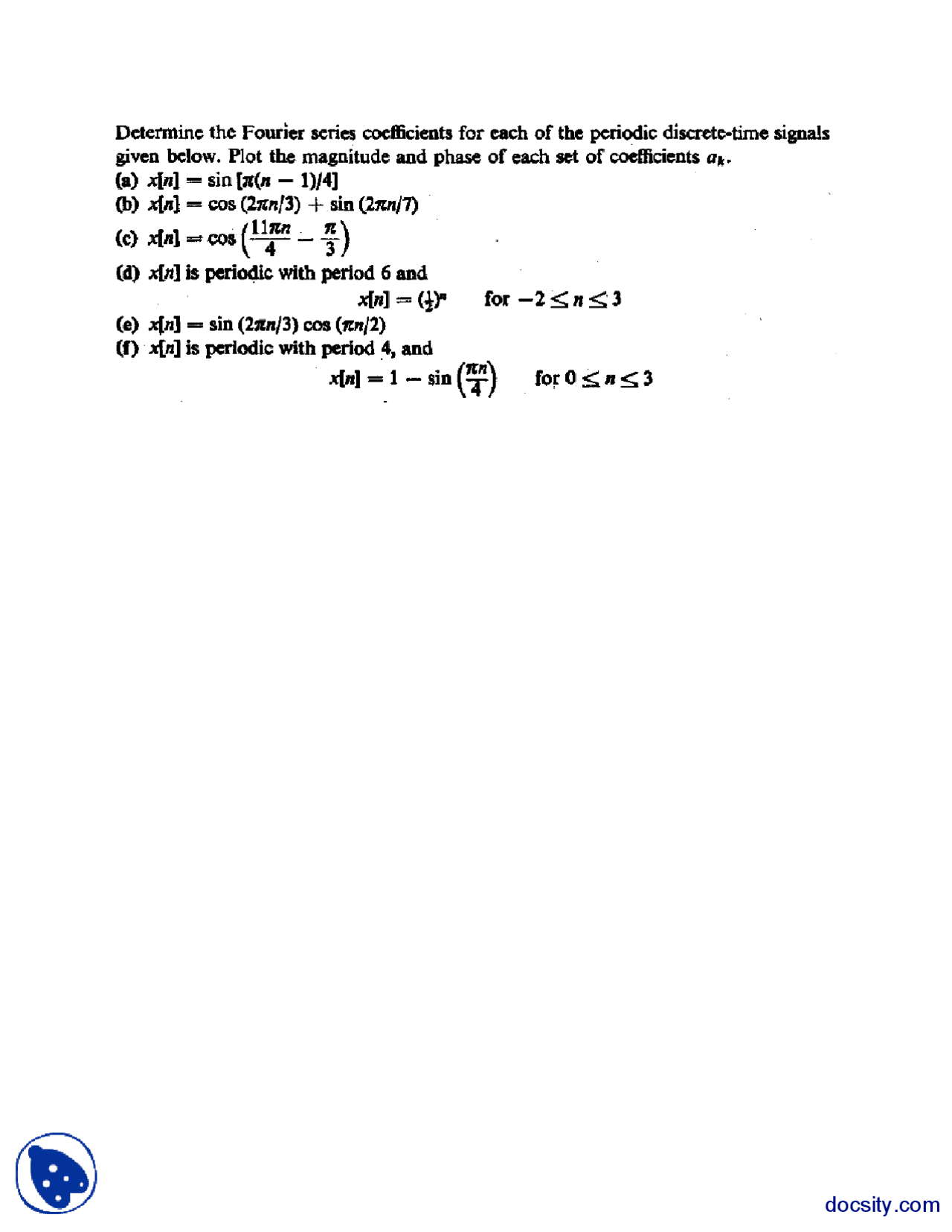 Fourier Series Coefficients Digital Signal Processing Assignment Docsity