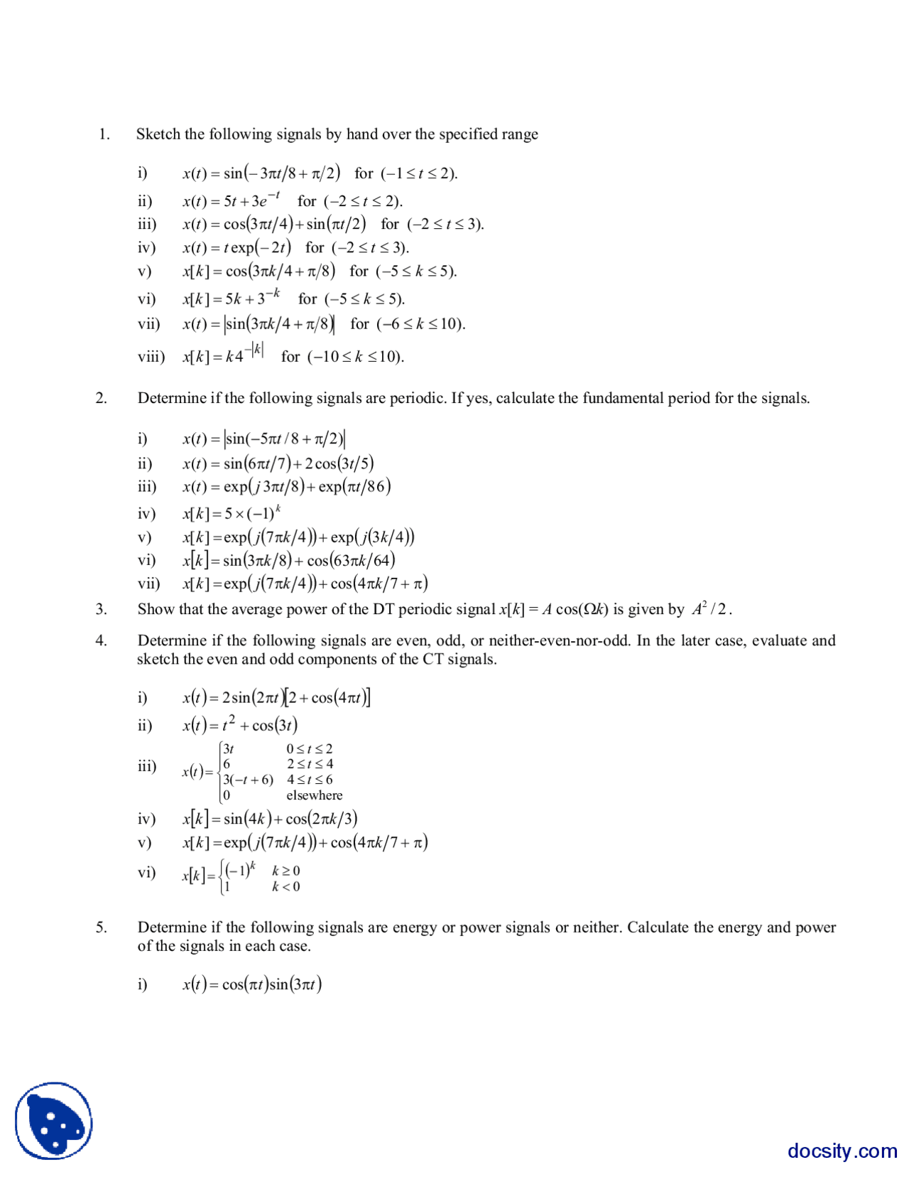 Analysis And Sketch Of Signals Digital Signal Processing Assignment