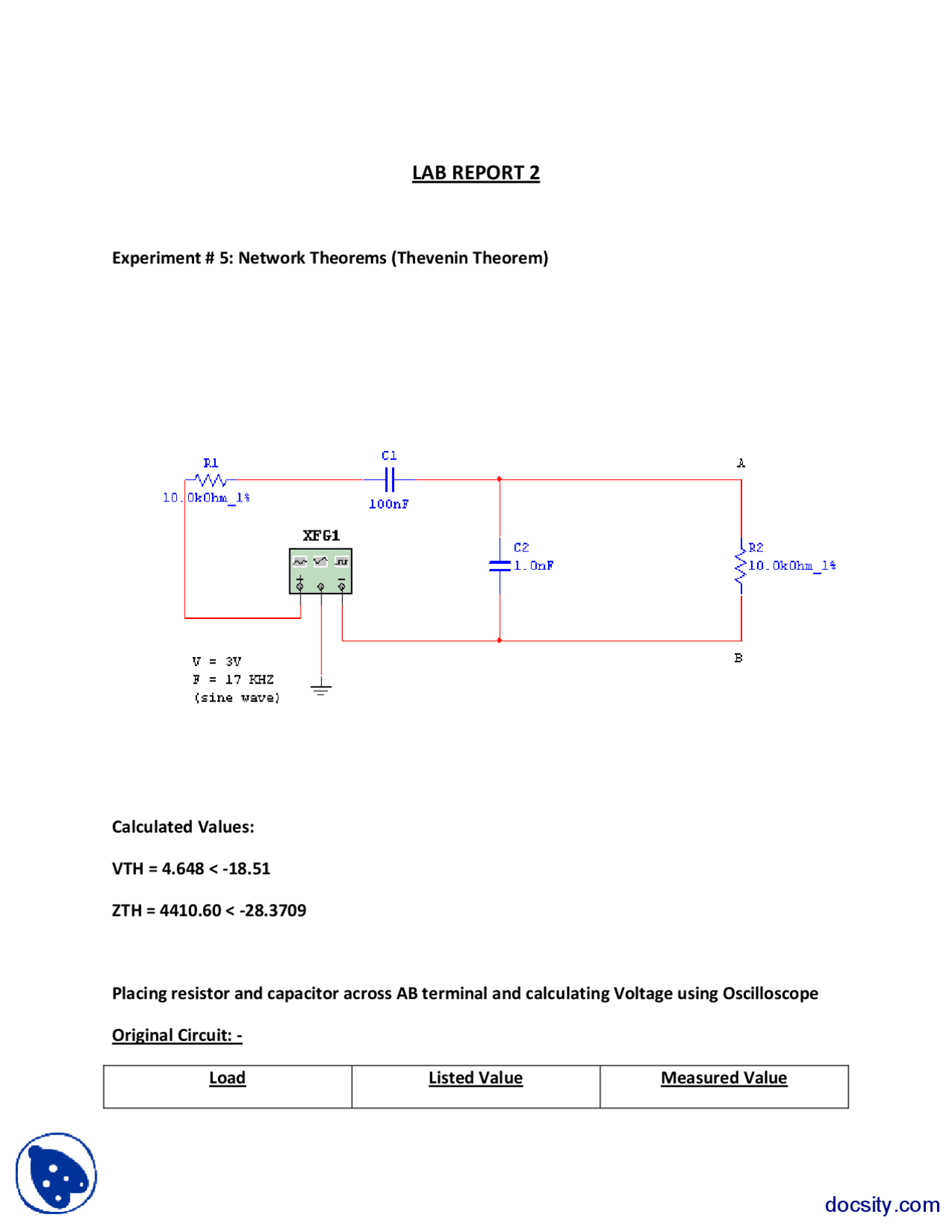 Thevenin Theorem Electronics And Network Analysis Lab Assignment Docsity