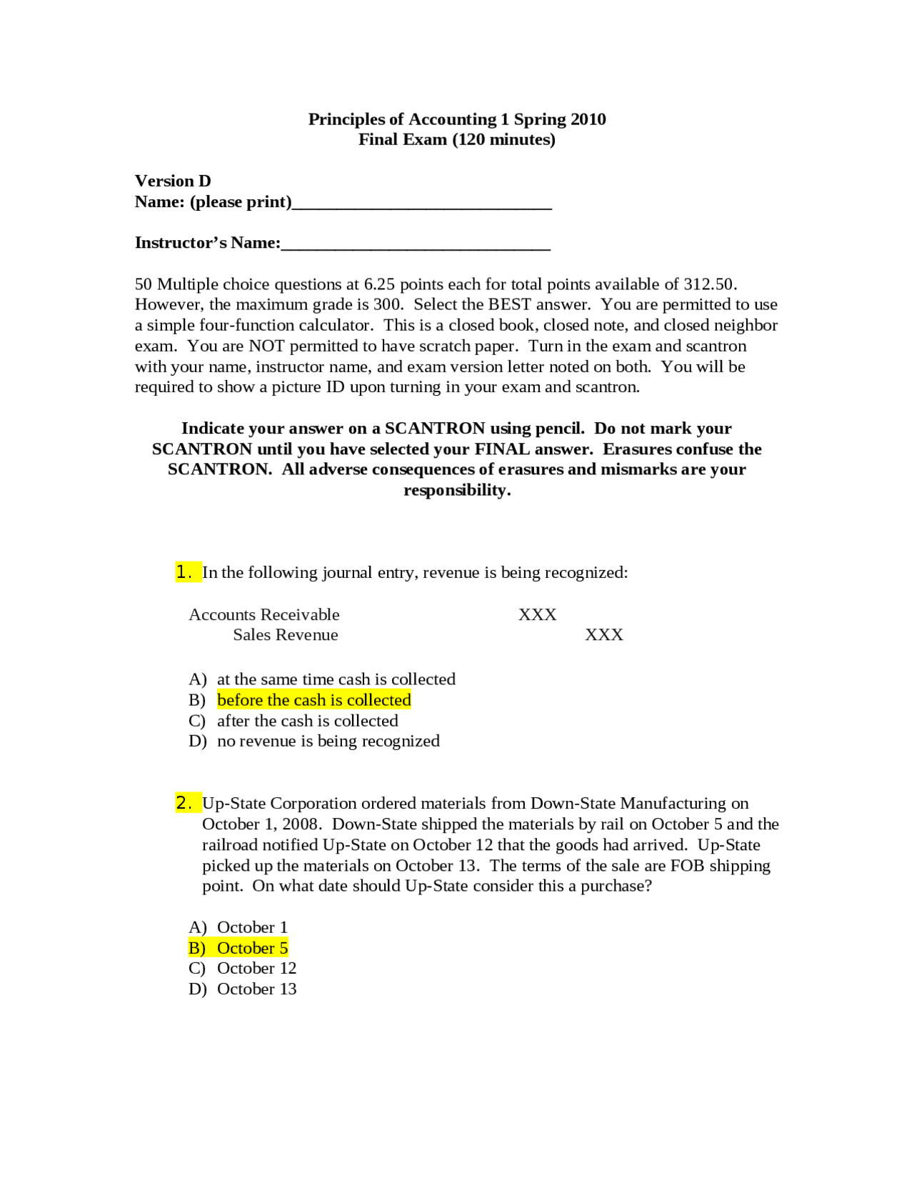 50 Solved Questions On Principles Of Accounting I Final Exam Acct