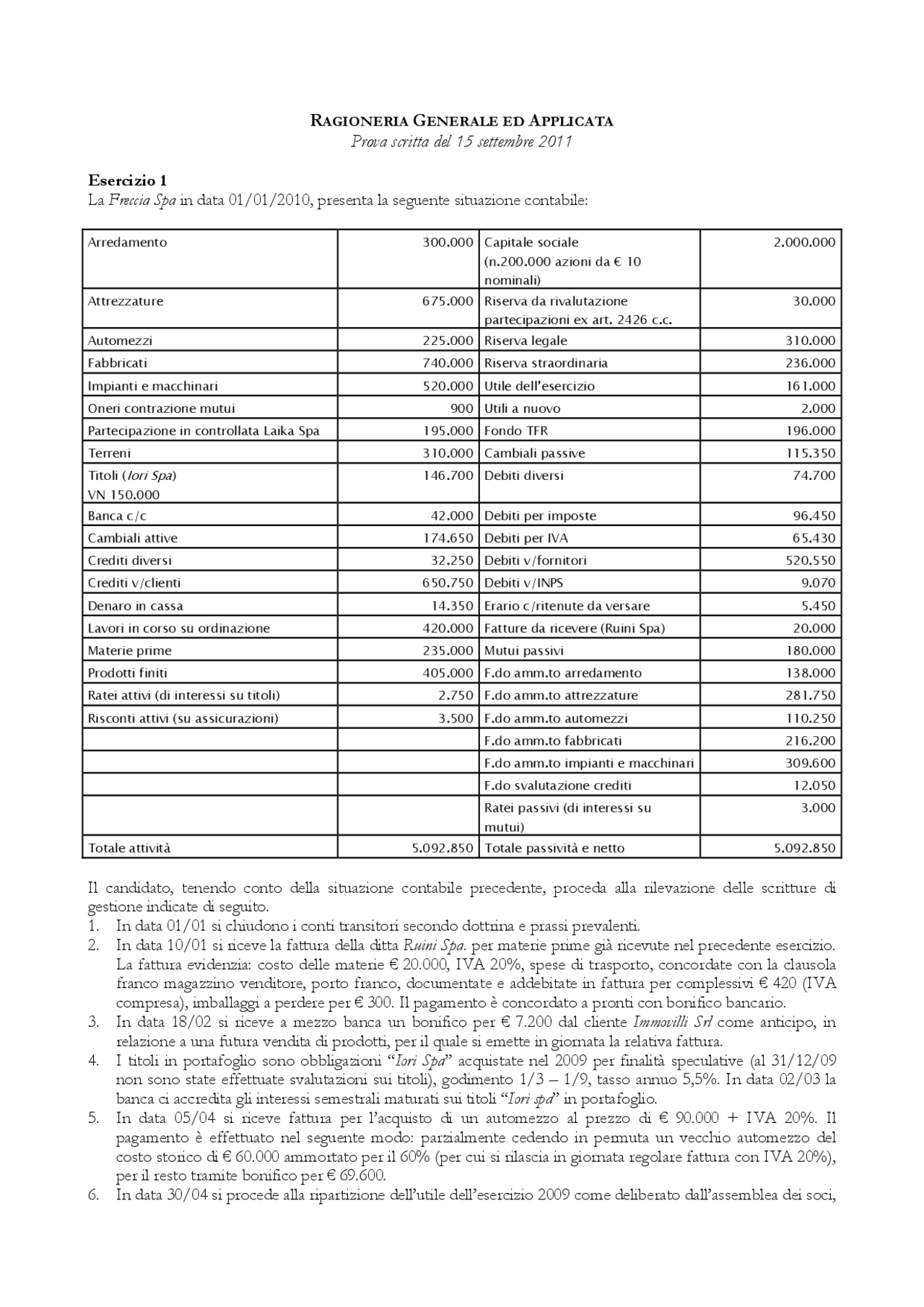 Prova Desame Di Ragioneria Generale E Applicata Del 15 09 11 Docsity
