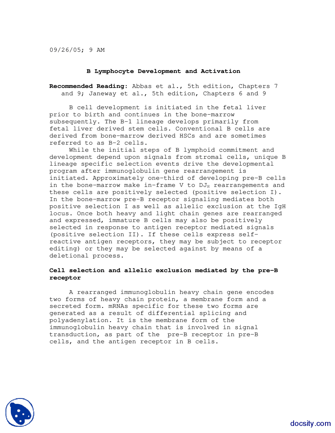 B Lymphocyte Development And Activation Immunology Lecture Handout
