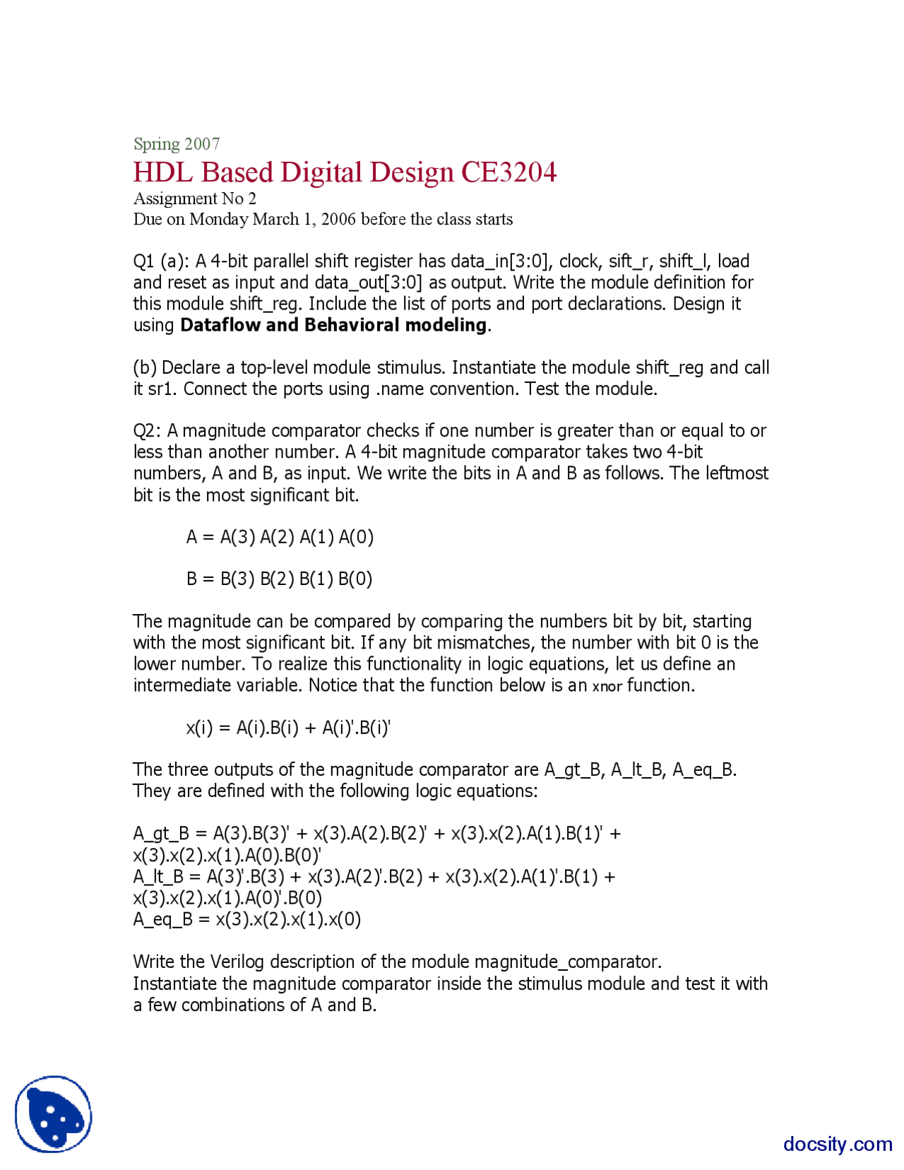 Dataflow And Behavioral Modeling Digital System Design Assignemnt Docsity