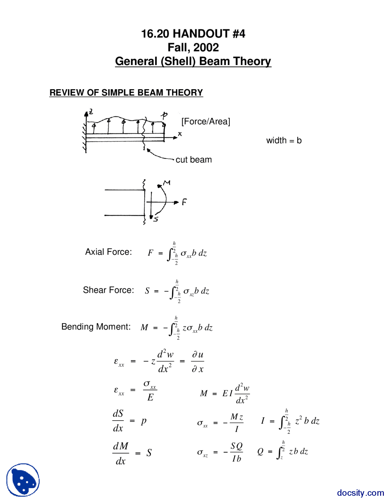 General Shell Beam Theory Material And Structures Lectrue Handout