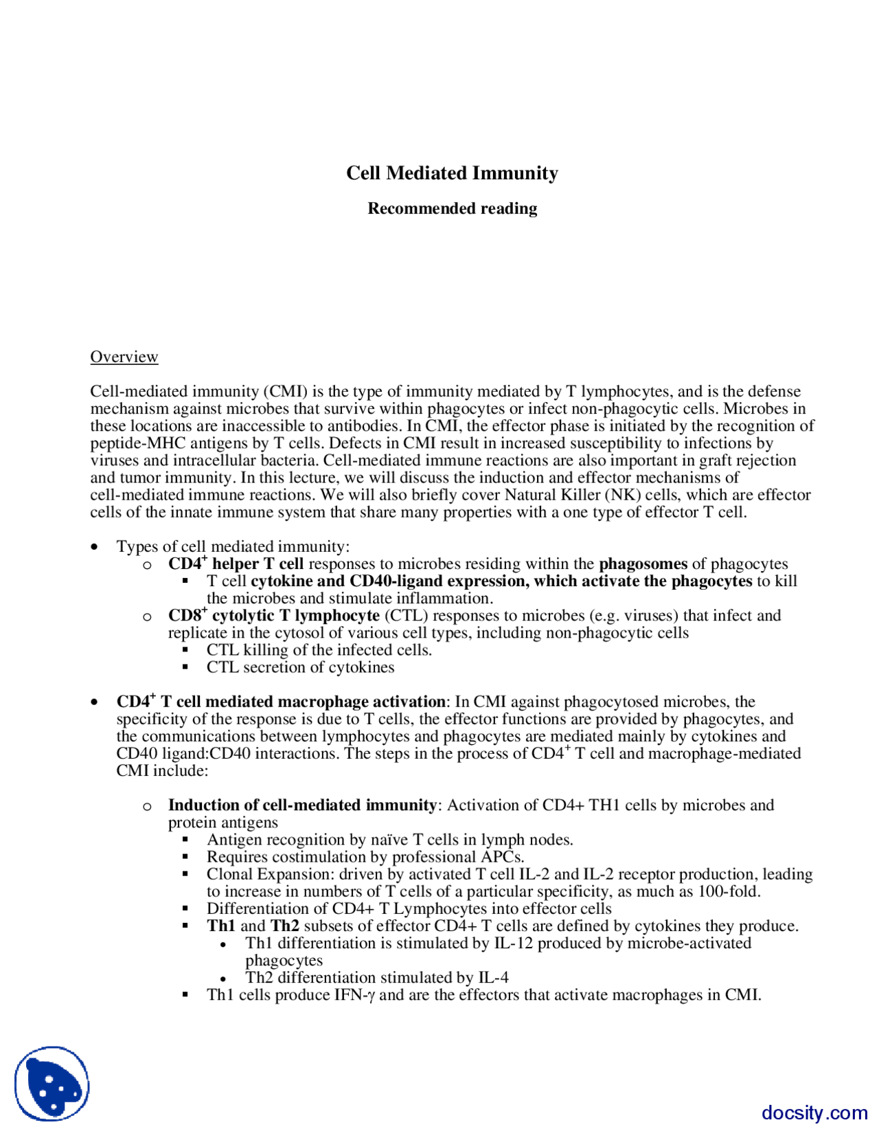 Cell Mediated Immunity Basics Of Immunology Lecture Handout Docsity