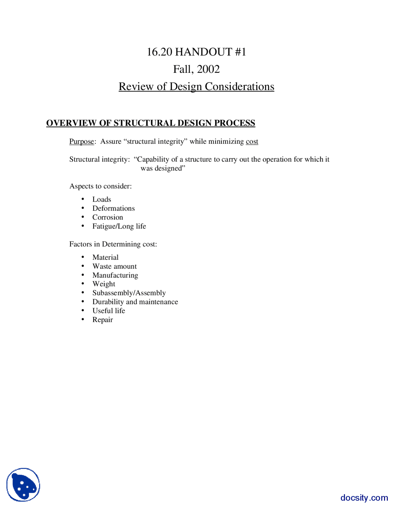 Structural Design Material And Structures Lectrue Handout Docsity