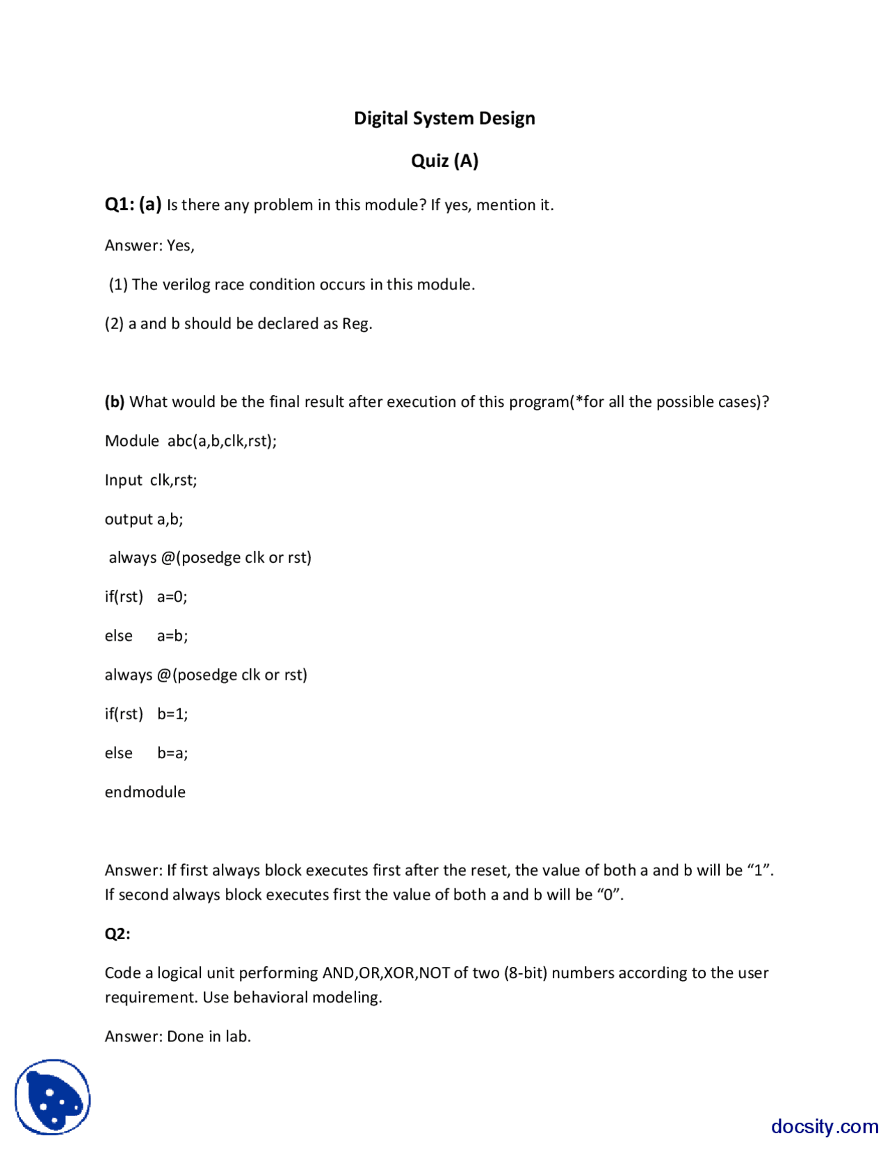 Module Digital System Design Quiz Docsity