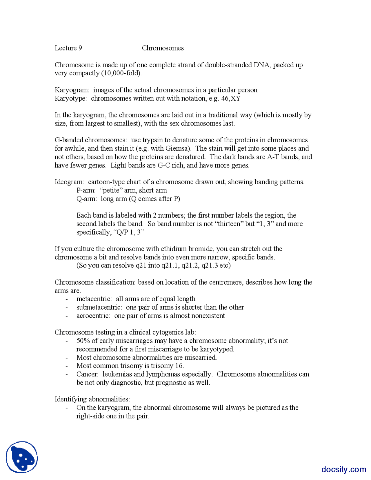 Chromosomes Part 1 Medical Genetics Lecture Handout Docsity