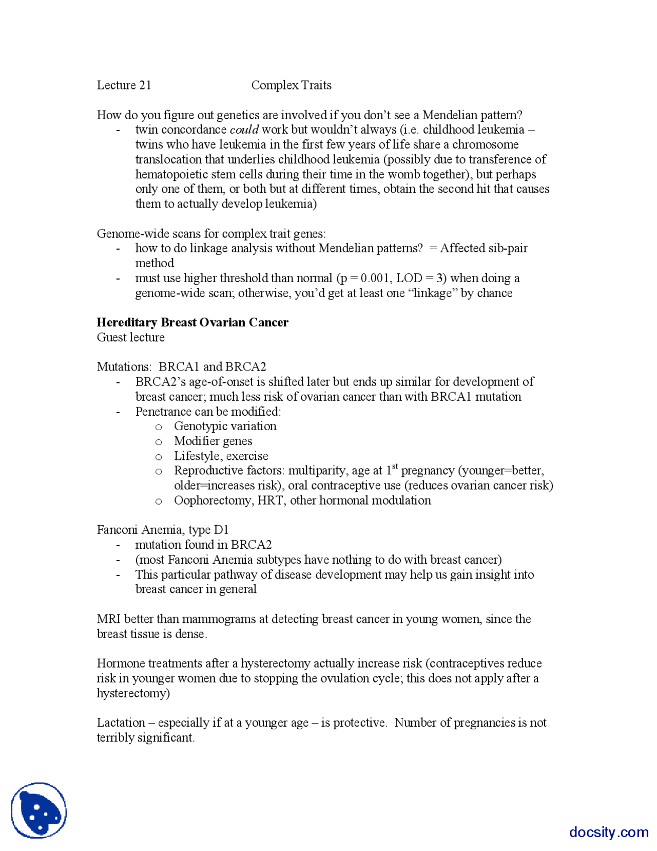 Complex Traits-Medical Genetics-Lecture Handout - Docsity