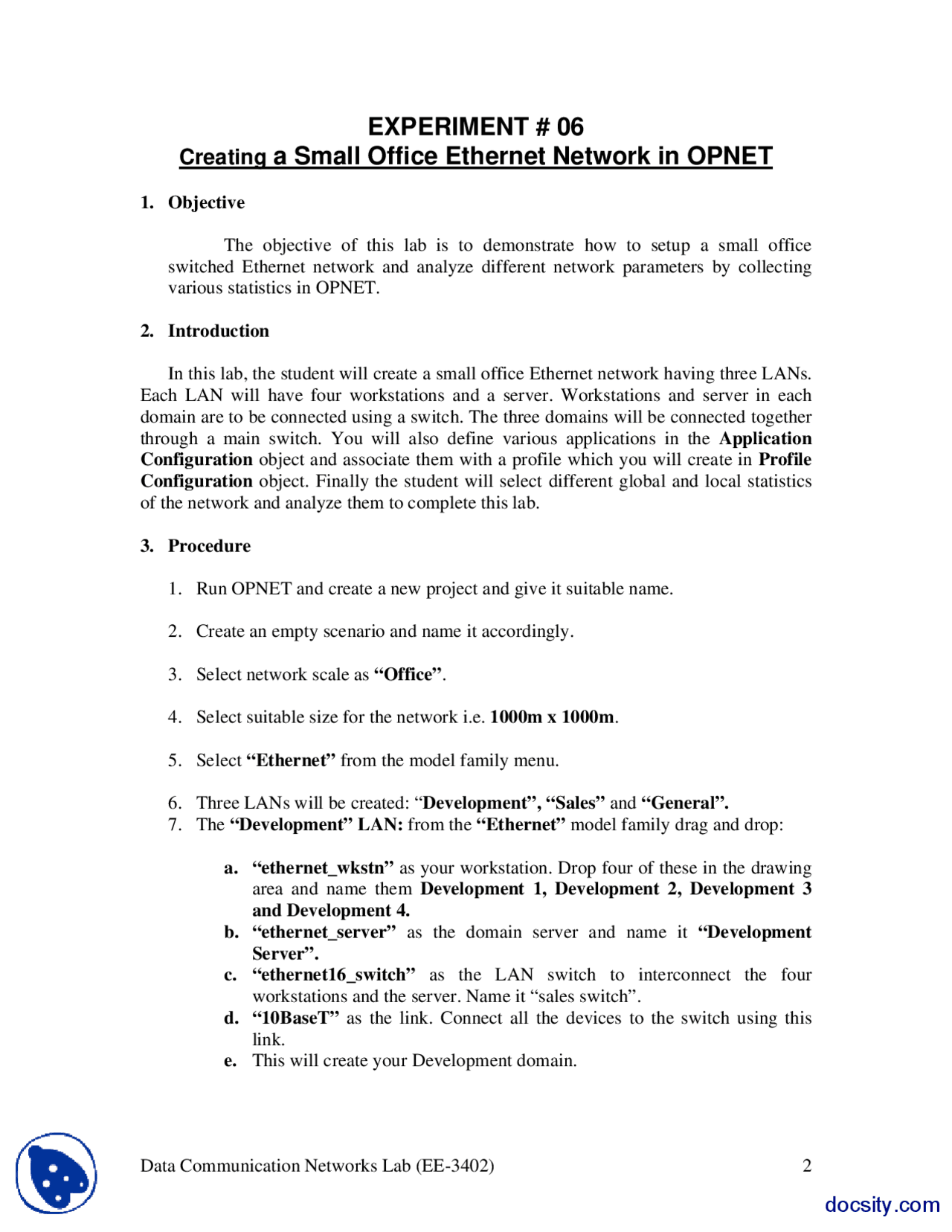 Creating A Small Office Ethernet Network Data Communication Network Lab Mannual Docsity