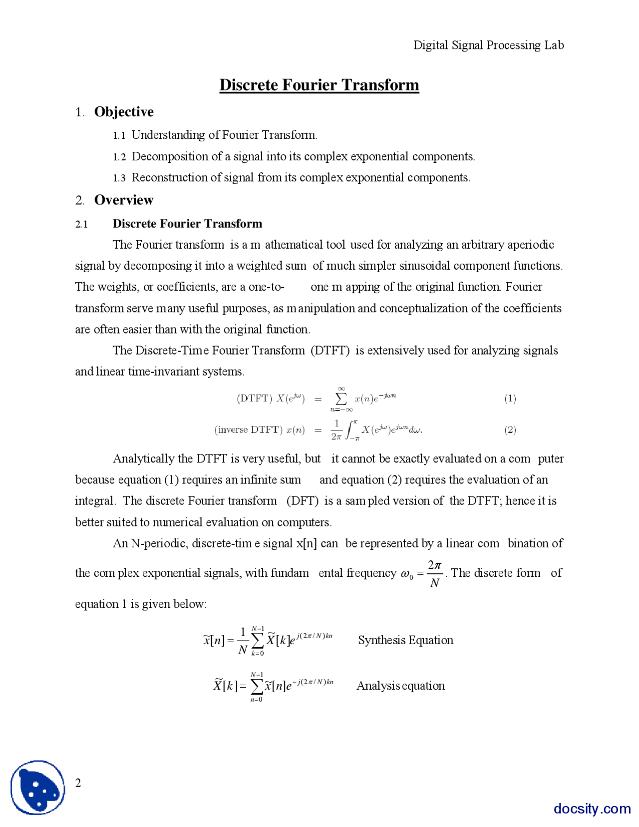 Discrete Fourier Transform Digital Signal Processing Lab Mannual Docsity